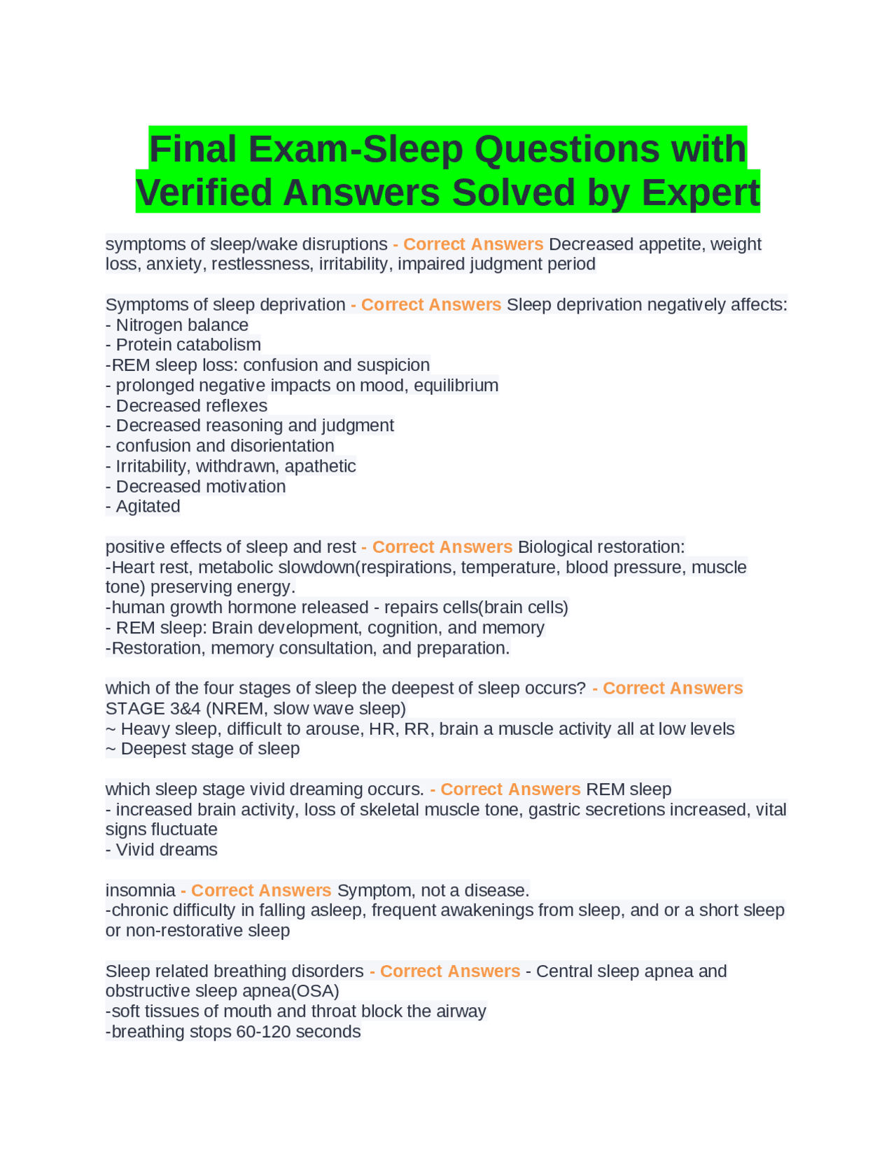 Final Exam-Sleep Questions with Verified Answers Solved by Expert ...