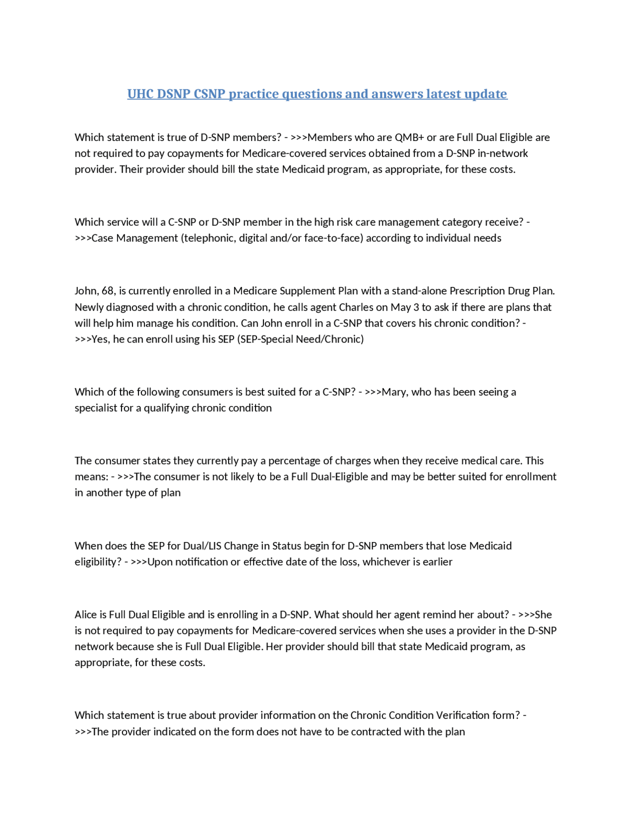 UHC DSNP and CSNP Practice Questions and Answers | Exams Nursing | Docsity