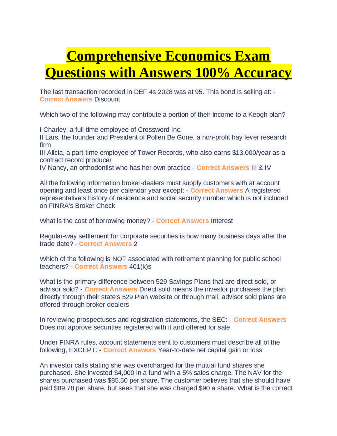 Comprehensive Economics Exam Questions with Answers 100% Accuracy ...