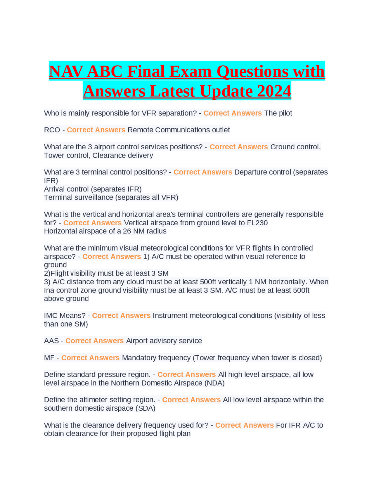 NAV ABC Final Exam Questions with Answers Latest Update 2024 | Exams ...