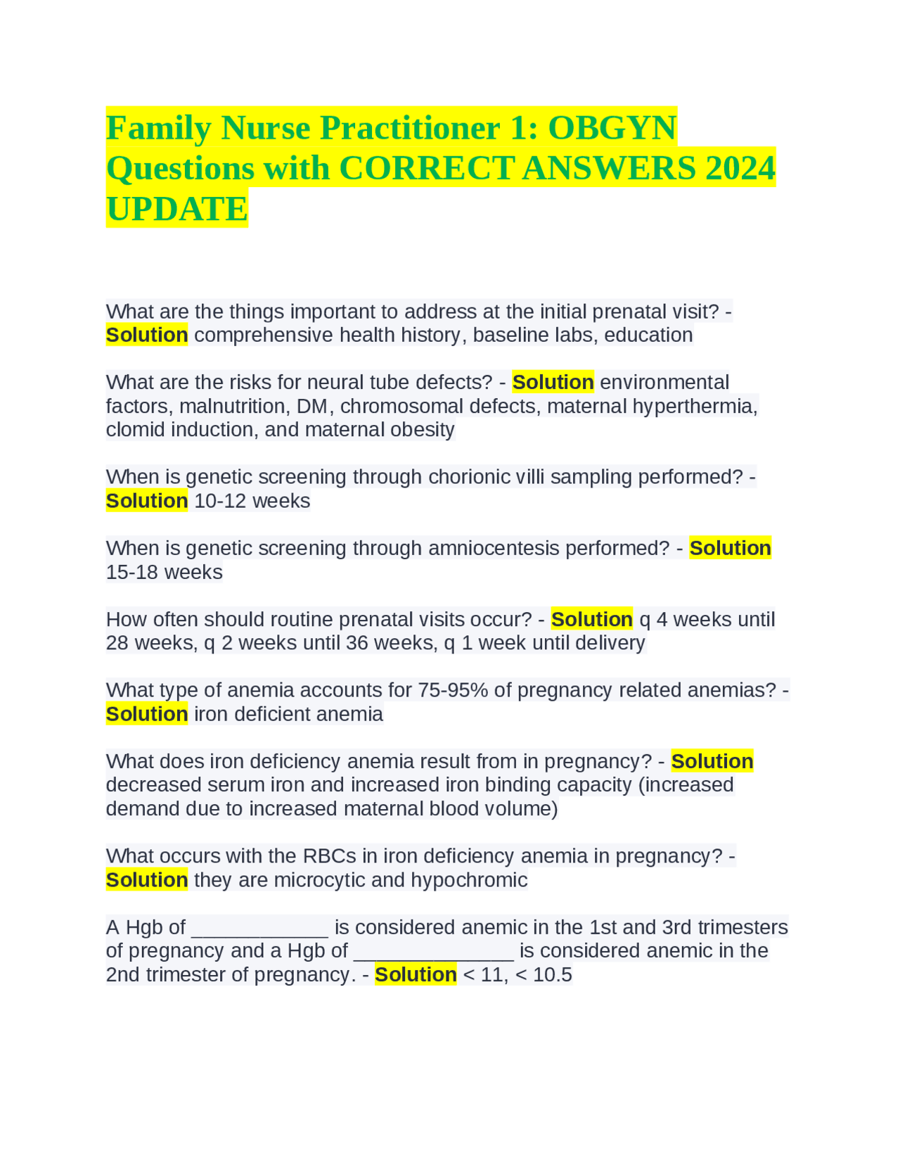Family Nurse Practitioner 1: OBGYN Questions with CORRECT ANSWERS 2024 ...