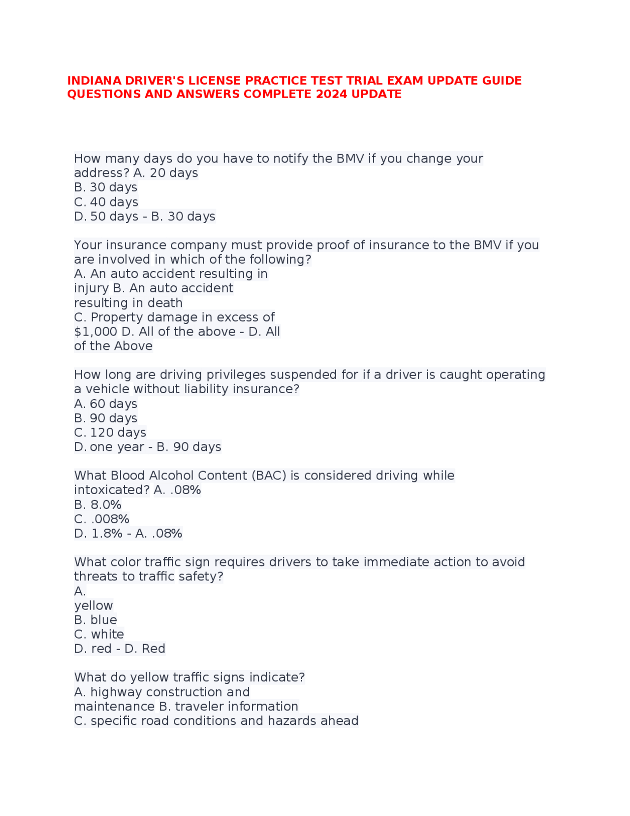 INDIANA DRIVER'S LICENSE PRACTICE TEST TRIAL EXAM UPDATE GUIDE ...