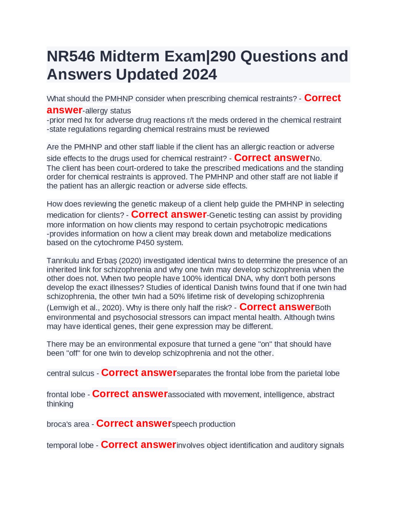 NR546 Midterm Exam|290 Questions and Answers Updated 2024 | Exams Nursing | Docsity