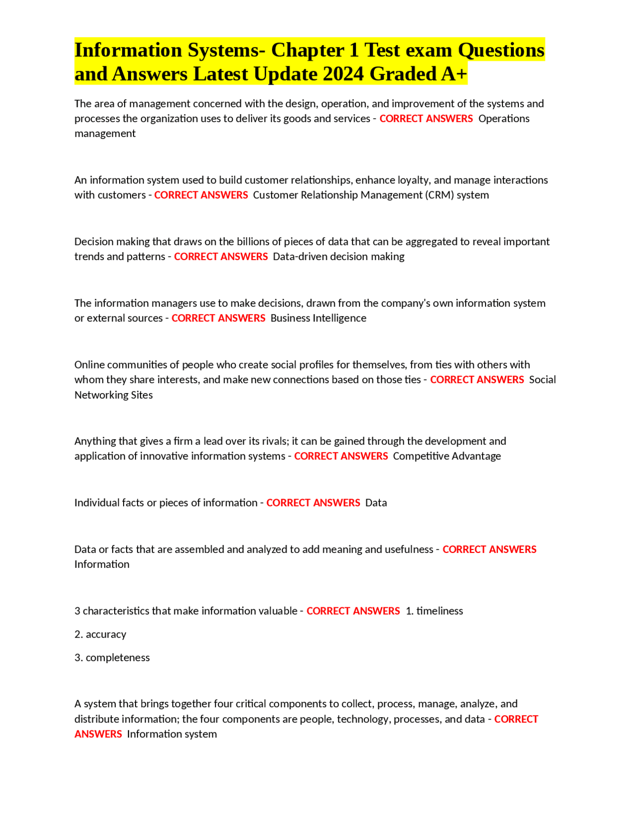 Information Systems Chapter 1 Test Exam Questions And Answers Latest Update 2024 Graded A