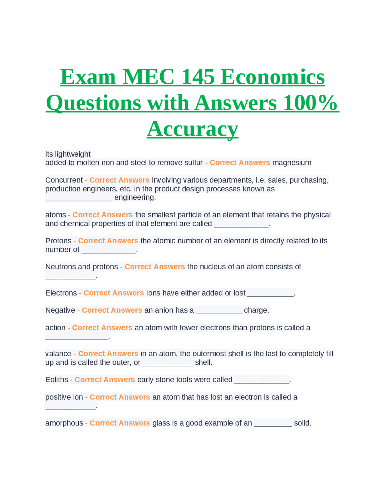 Exam MEC 145 Economics Questions with Answers 100% Accuracy | Exams ...