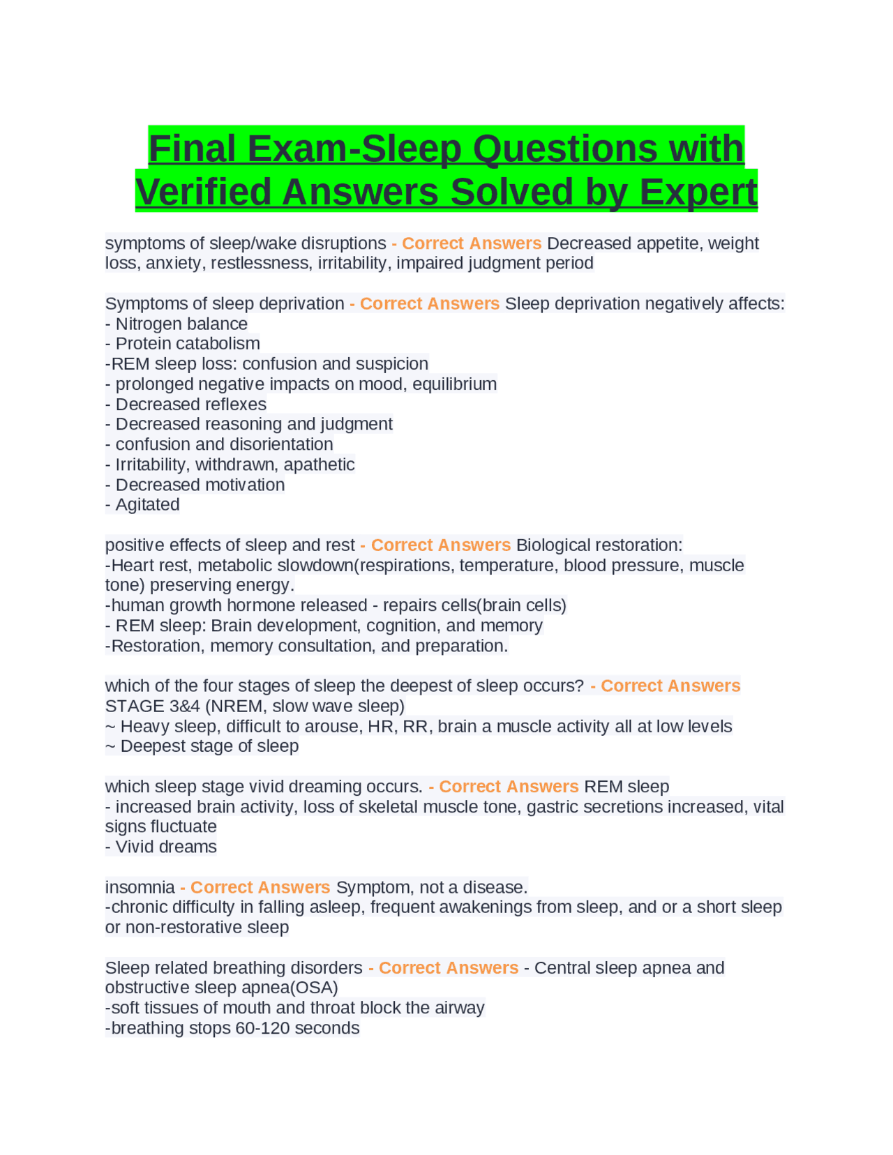 Final Exam-Sleep Questions with Verified Answers Solved by Expert ...