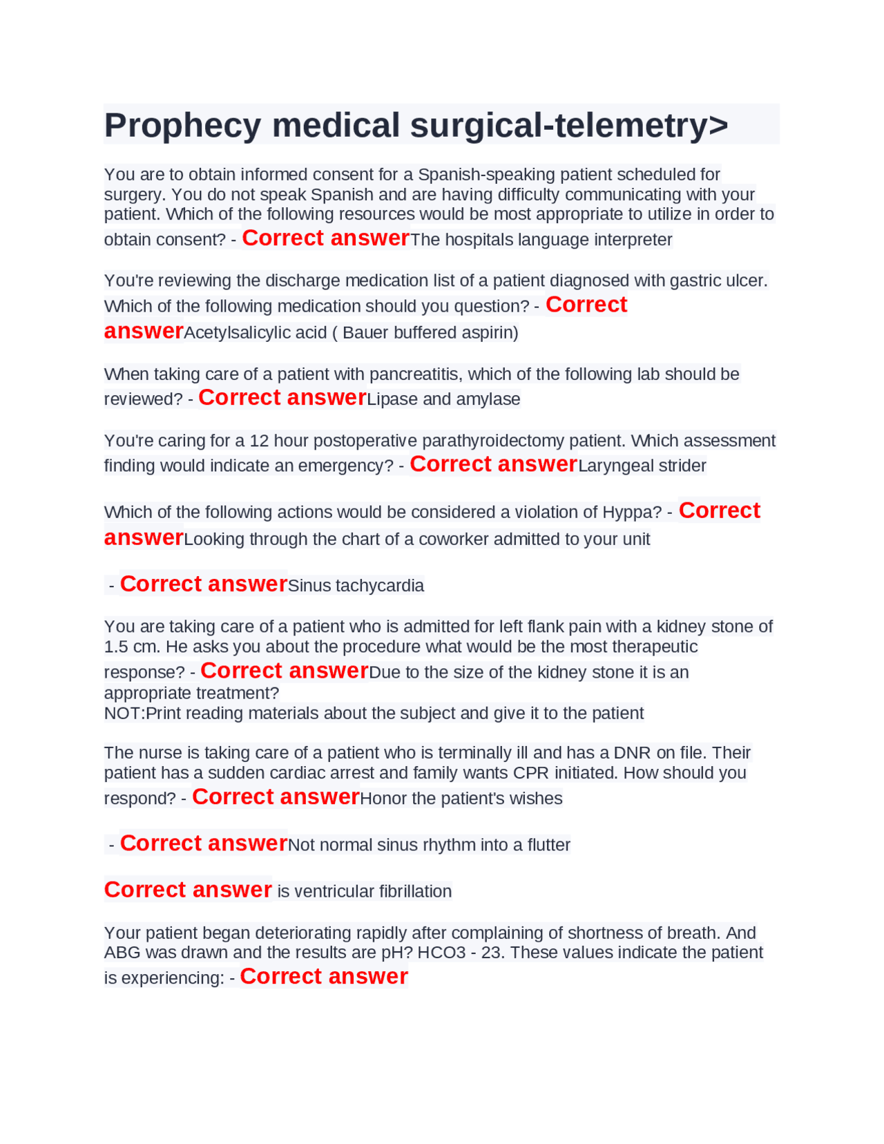 Prophecy medical surgical-telemetry> | Exams Nursing | Docsity