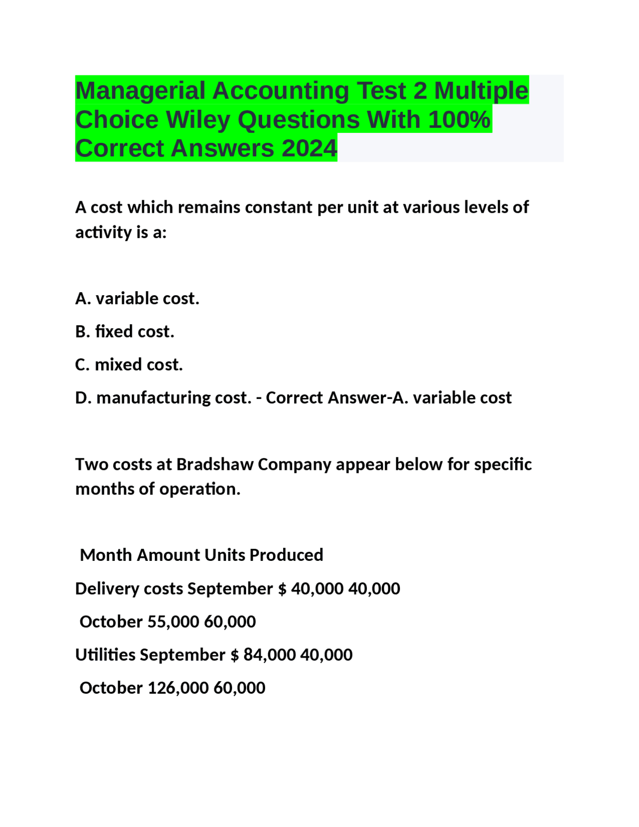 Managerial Accounting Test 2 Multiple Choice Wiley Questions With 100% ...