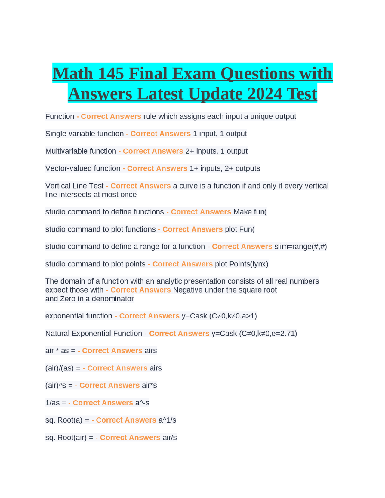 Math 145 Final Exam Questions with Answers Latest Update 2024 Test ...