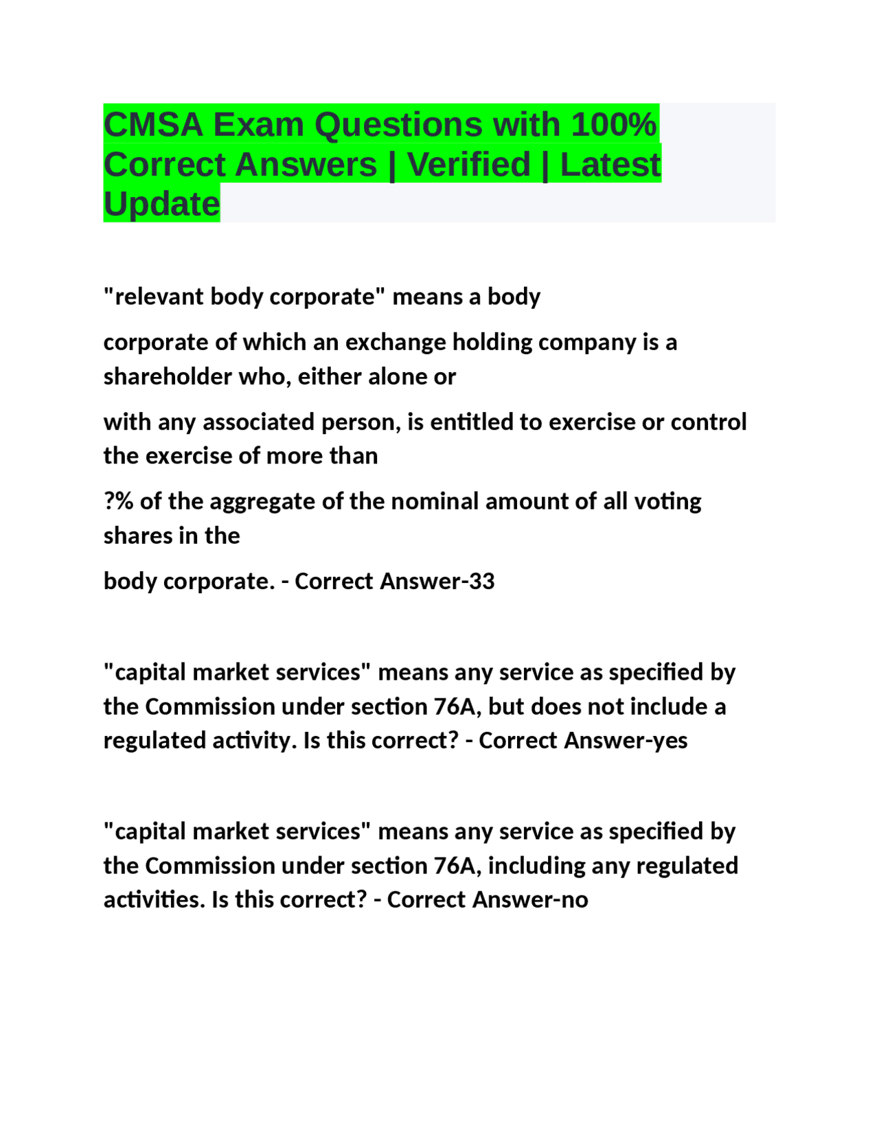 CMSA Exam Questions with 100% Correct Answers | Verified | Latest ...