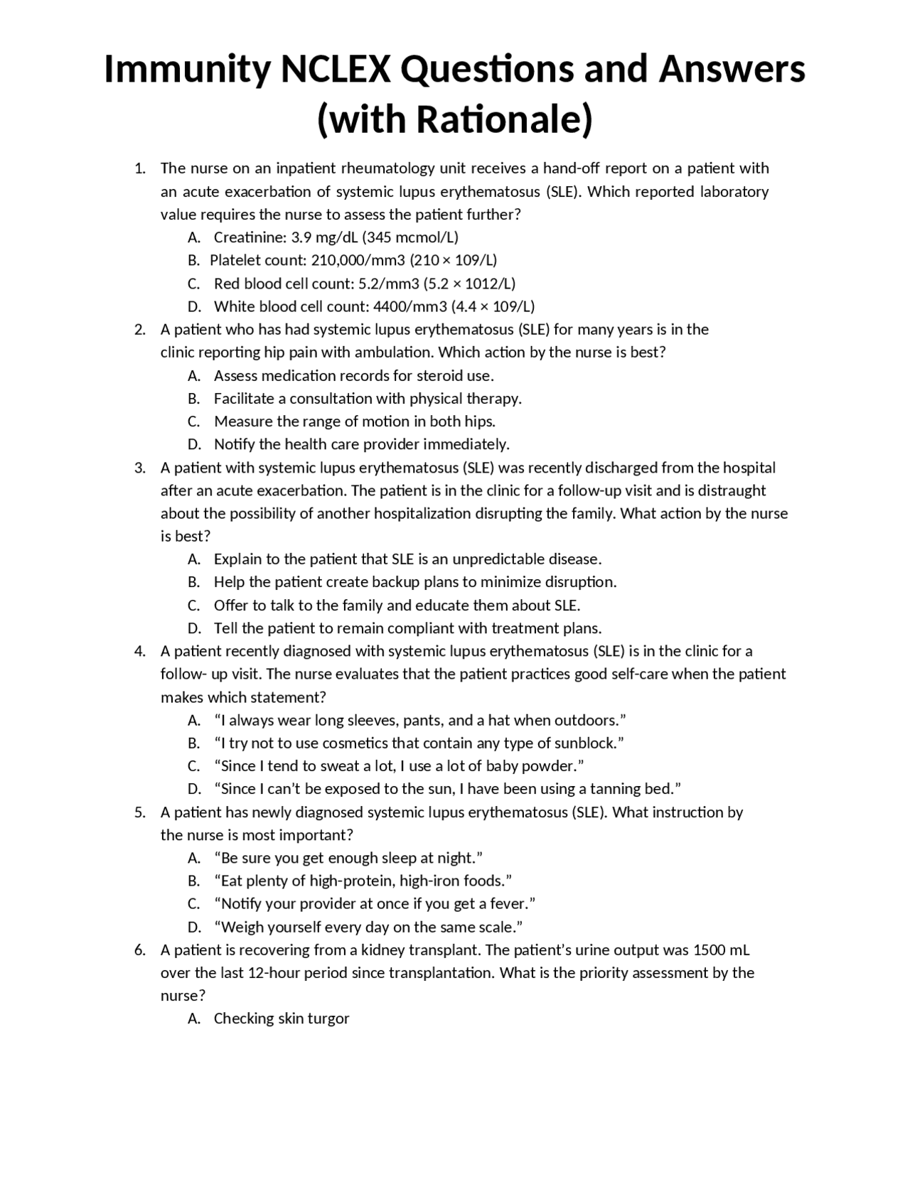 Immunity NCLEX Questions and Answers for Systemic Lupus Erythematosus ...
