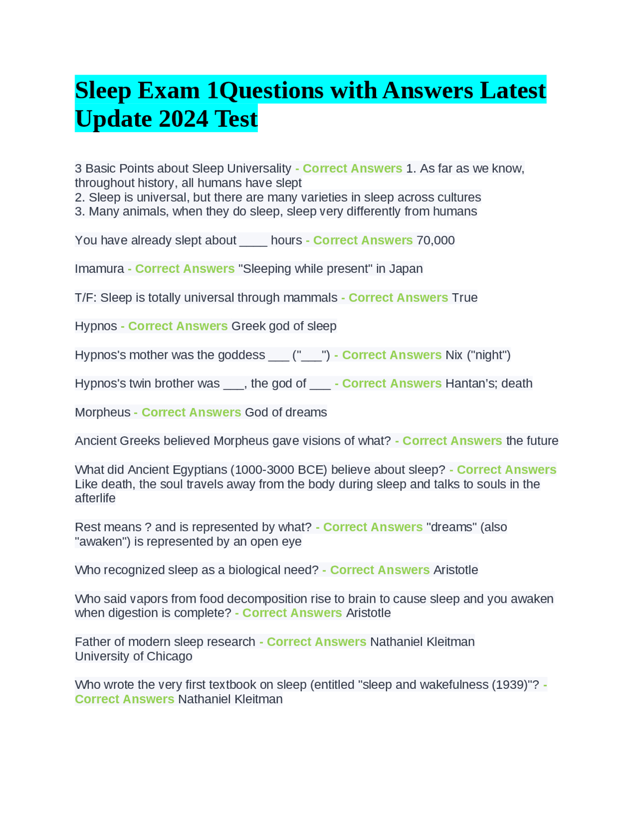 Sleep Exam 1Questions with Answers Latest Update 2024 Test | Exams ...