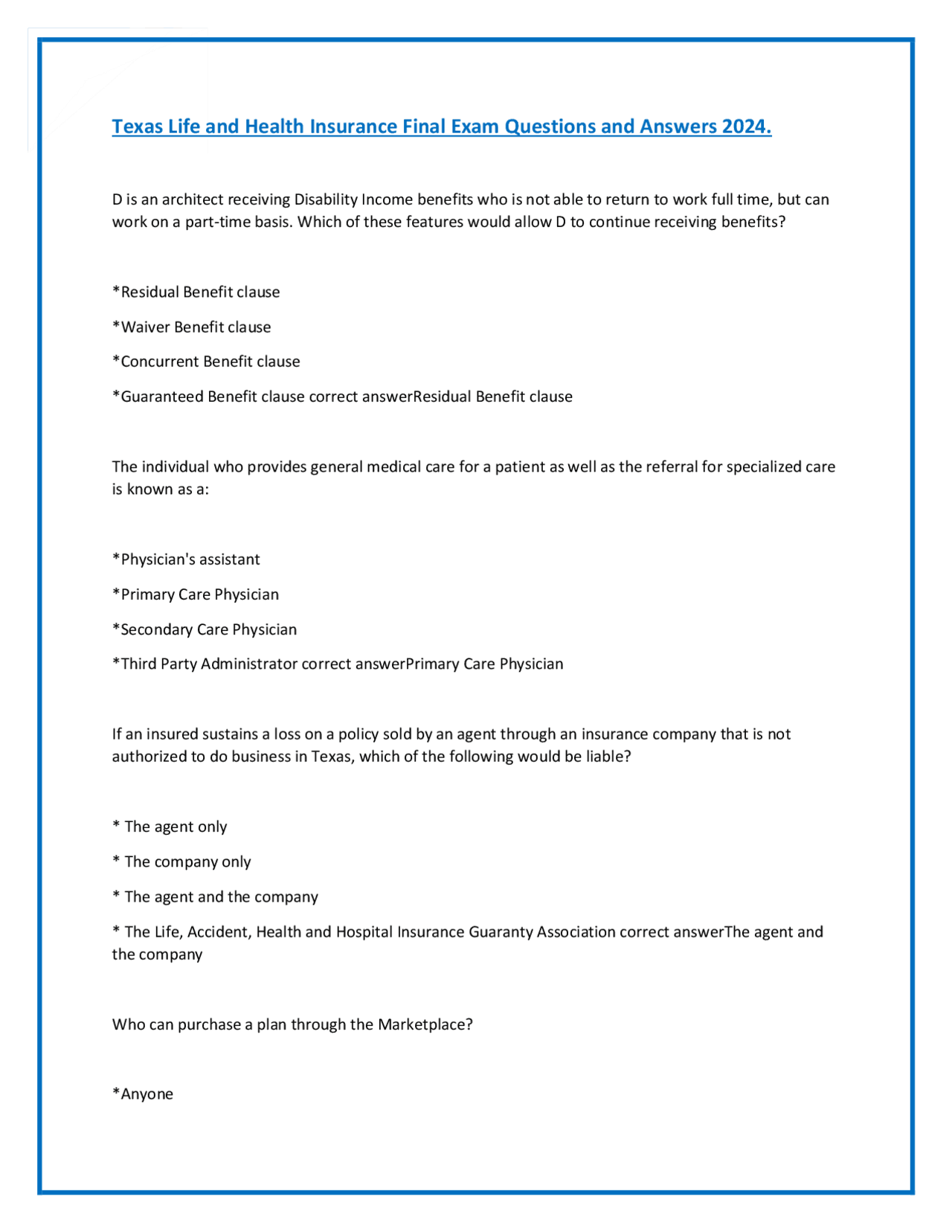 Texas Life and Health Insurance Final Exam Questions and Answers 2024 ...