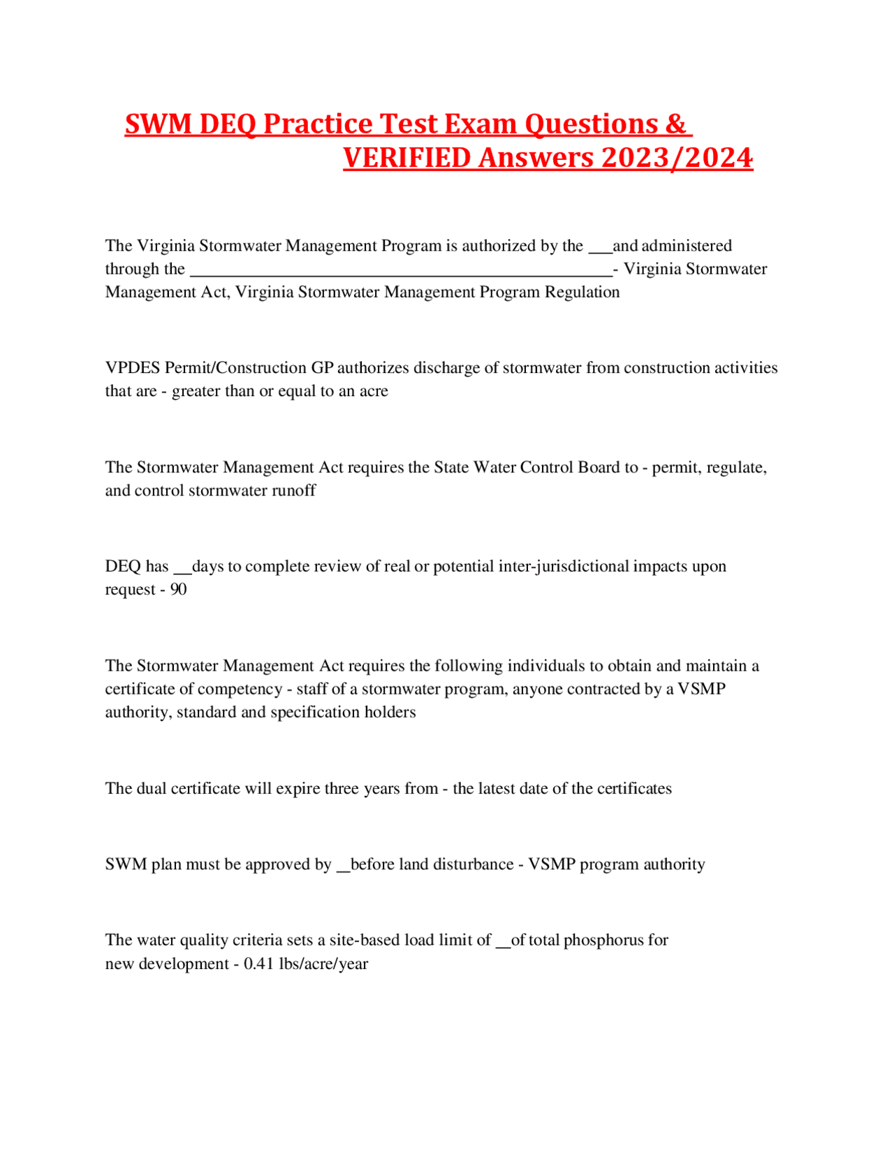 SWM DEQ Practice Test Exam Questions & VERIFIED Answers 2023/2024 ...