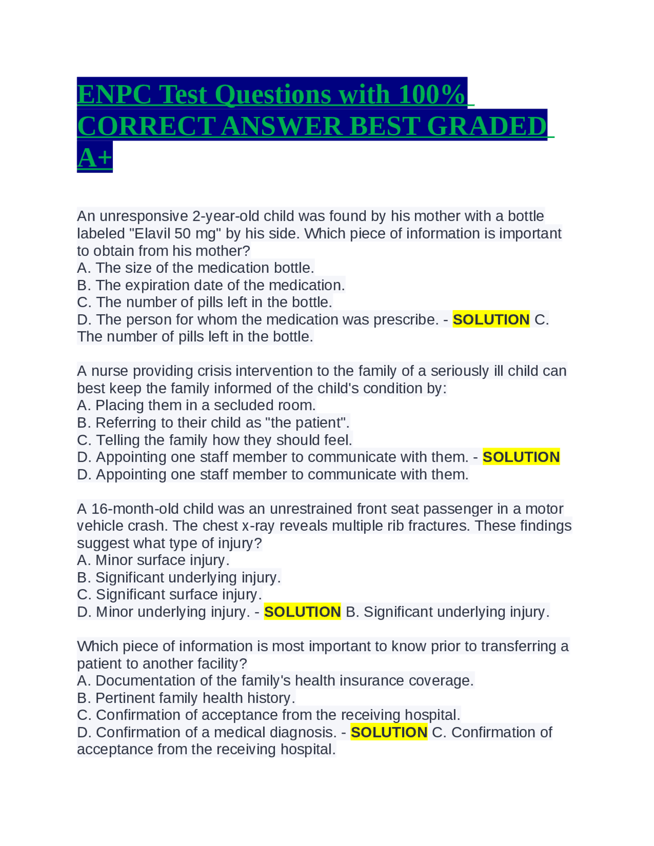 ENPC Test Questions with 100% CORRECT ANSWER BEST GRADED A+ | Exams ...