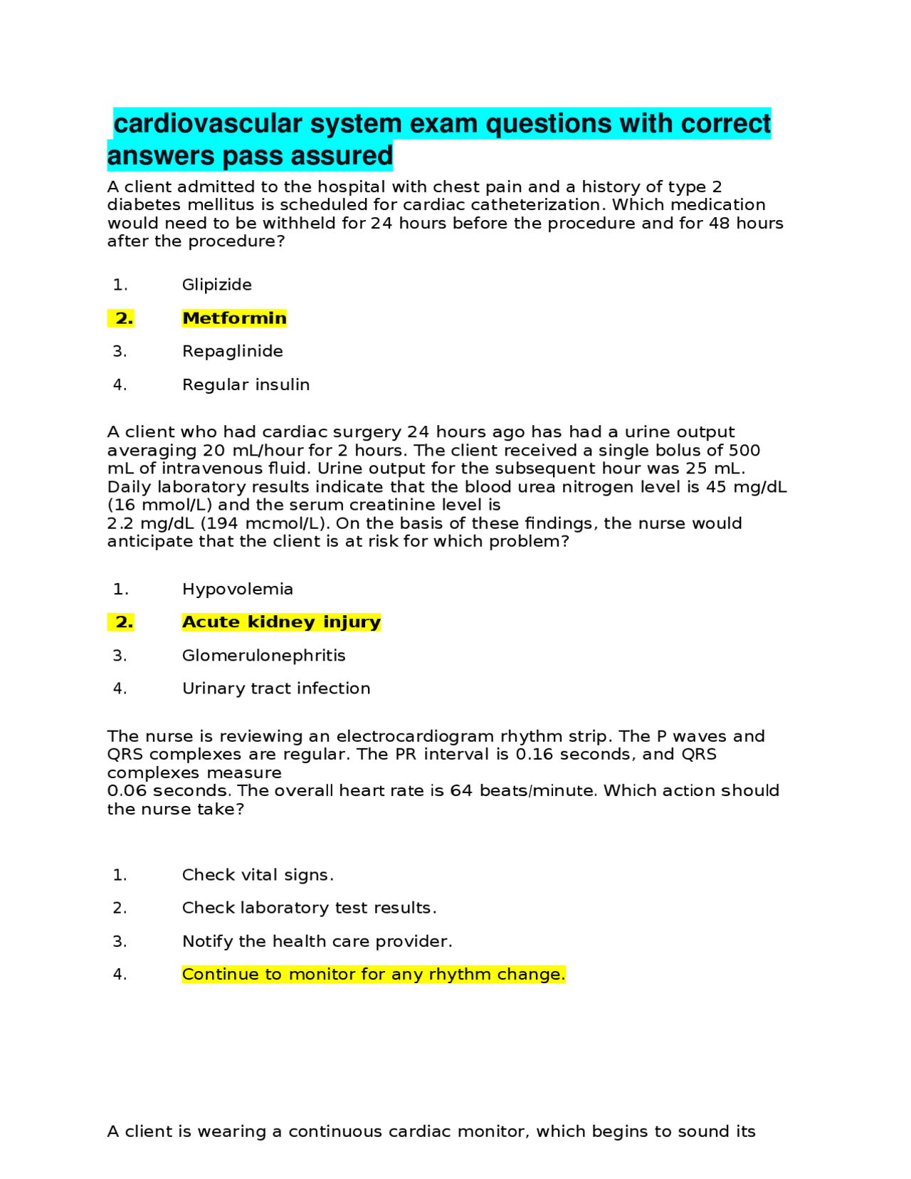 Cardiovascular System Exam Questions and Answers | Exams Nursing | Docsity