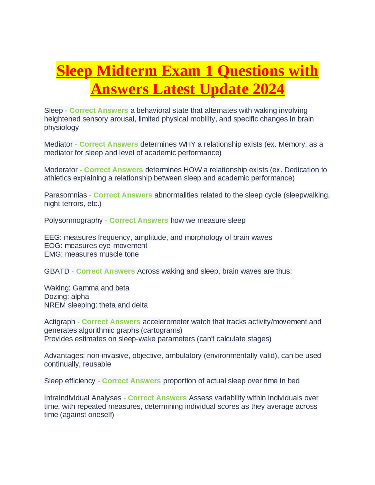 Sleep Midterm Exam 1 Questions with Answers Latest Update 2024 | Exams ...