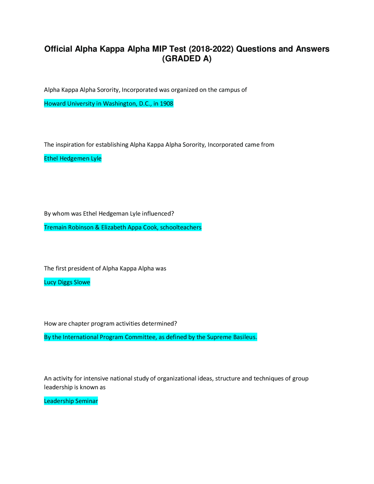 Official Alpha Kappa Alpha MIP Test (2018-2022) Questions and Answers ...