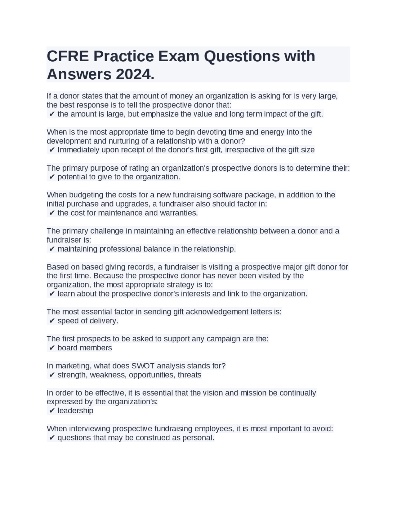 CFRE Practice Exam Questions with Answers 2024. | Exams Nursing | Docsity