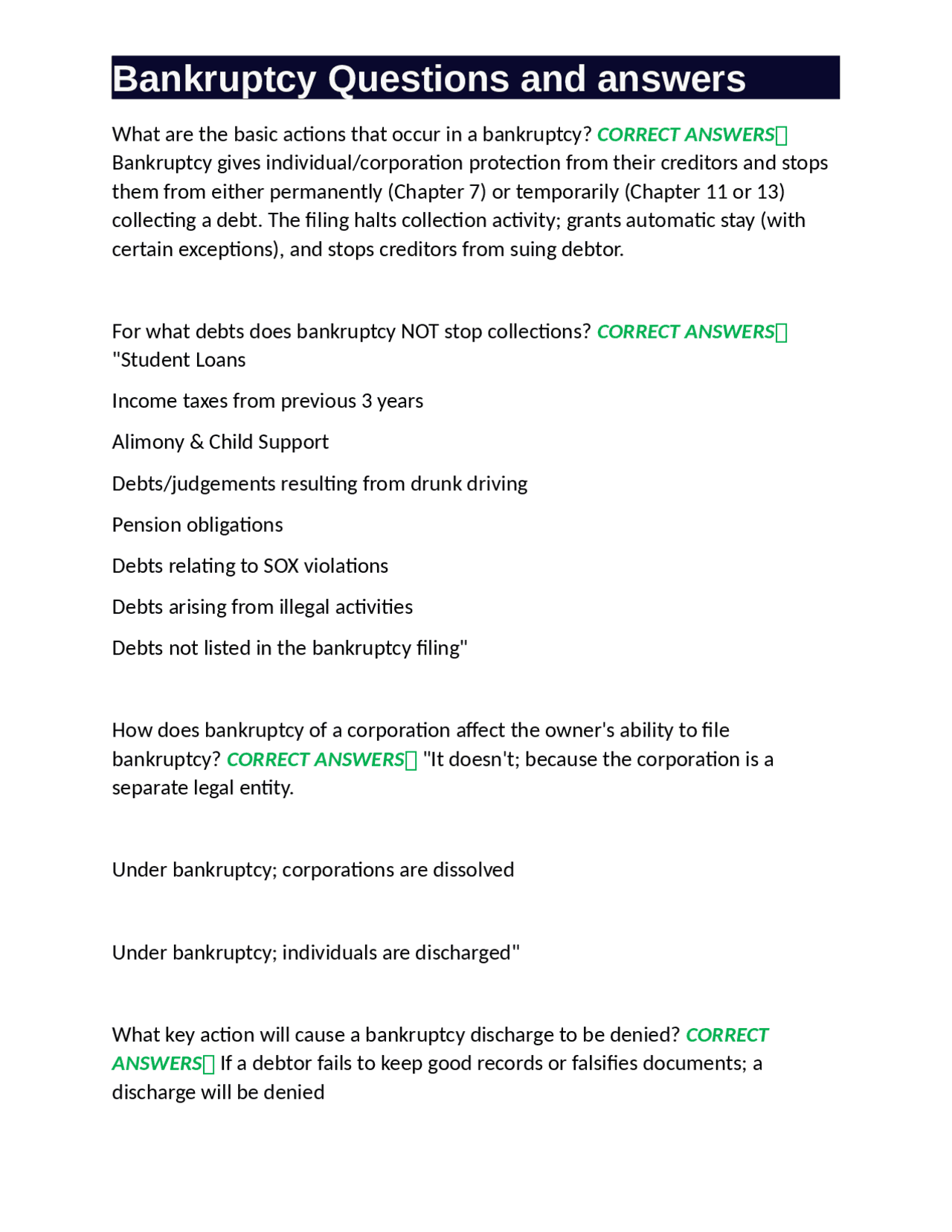 Bankruptcy Questions and answers | Exams Bankruptcy Law | Docsity