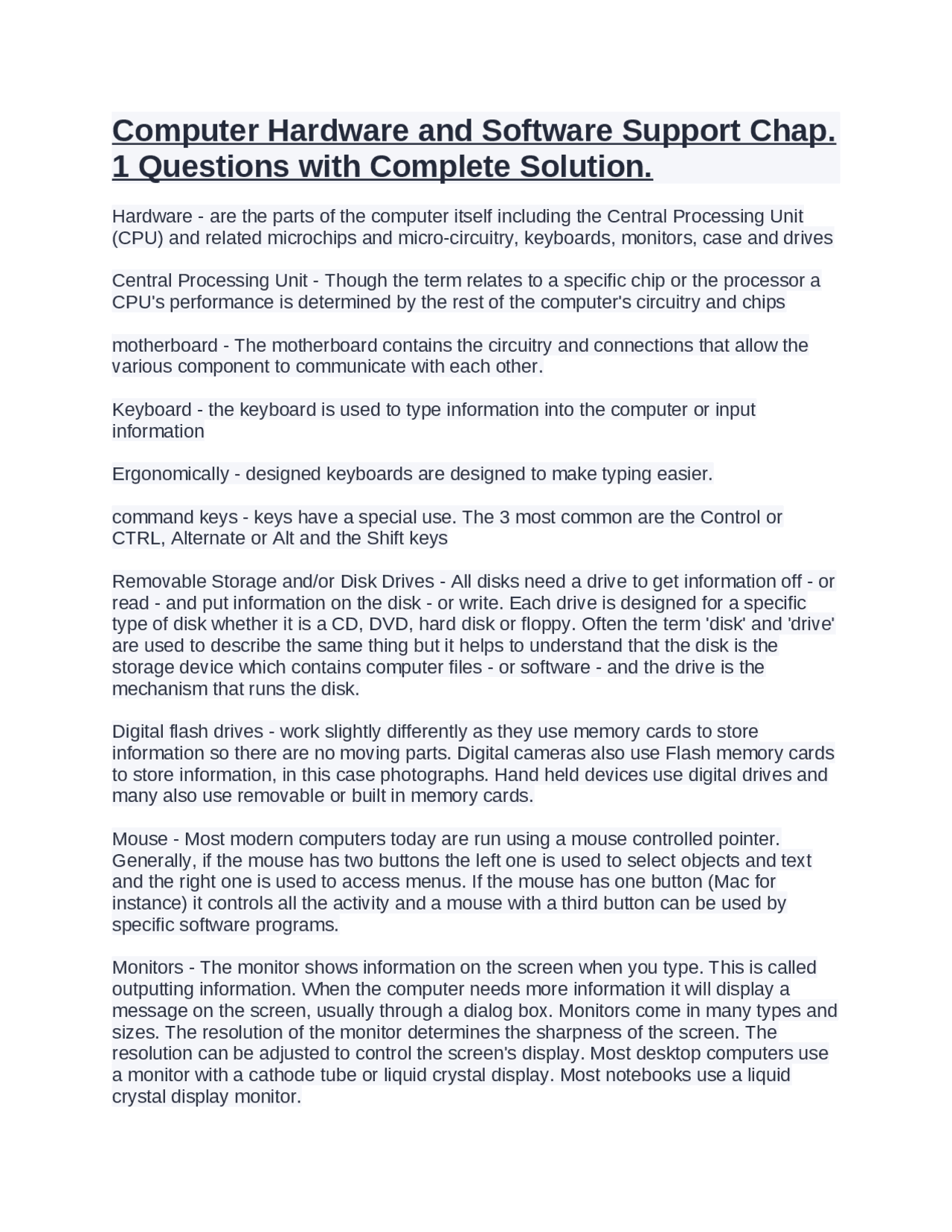 Computer Hardware And Software Support Chap 1 Questions With Complete Solution Exercises