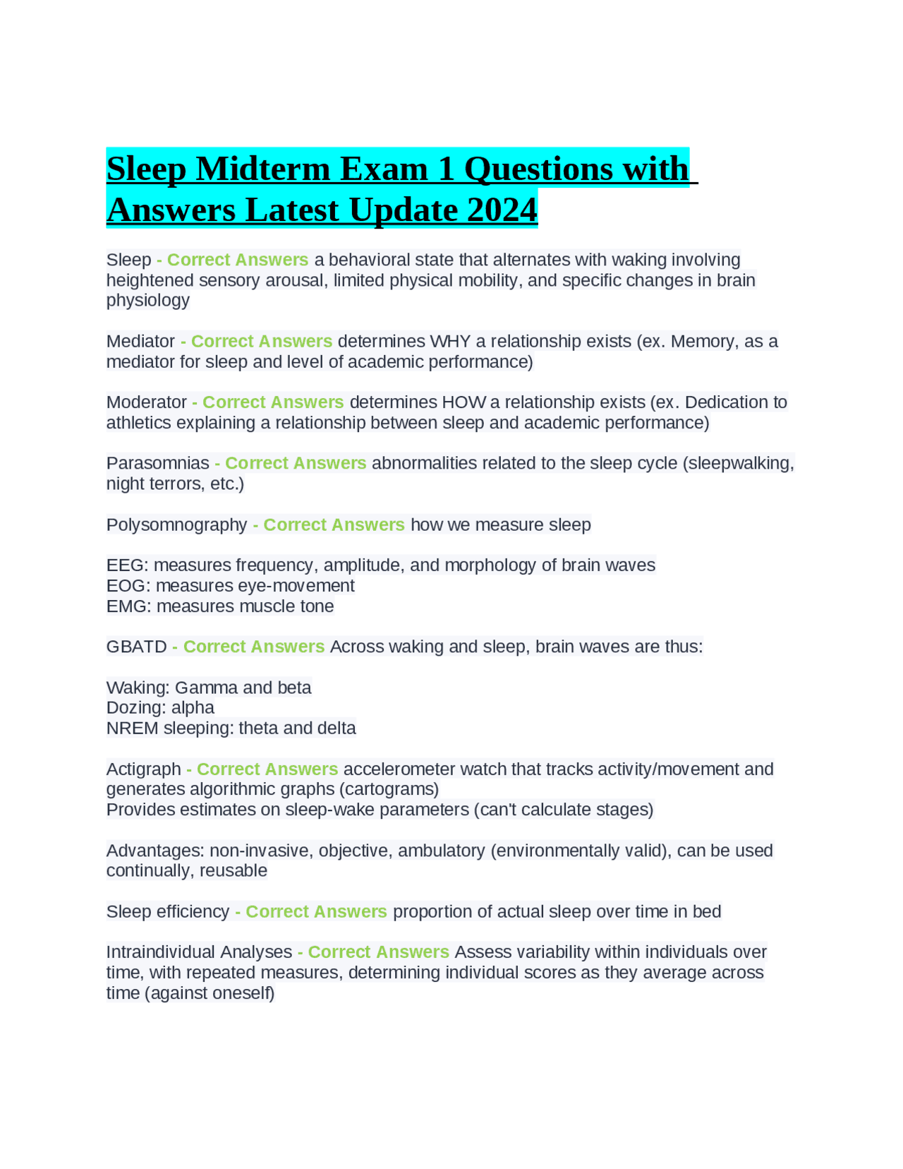 Sleep Midterm Exam 1 Questions with Answers Latest Update 2024 | Exams ...
