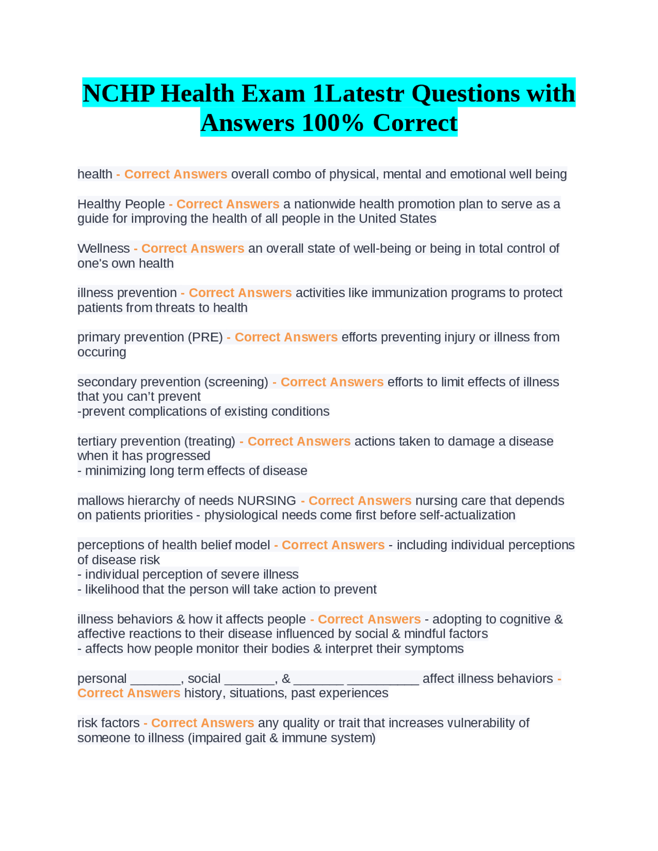 NCHP Health Exam 1Latestr Questions with Answers 100% Correct | Exams ...