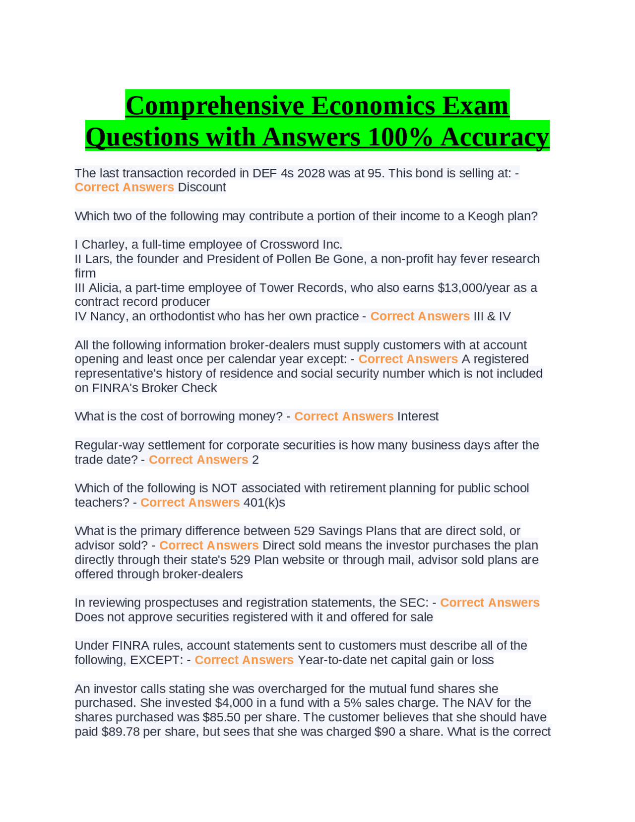 Comprehensive Economics Exam Questions with Answers 100% Accuracy ...