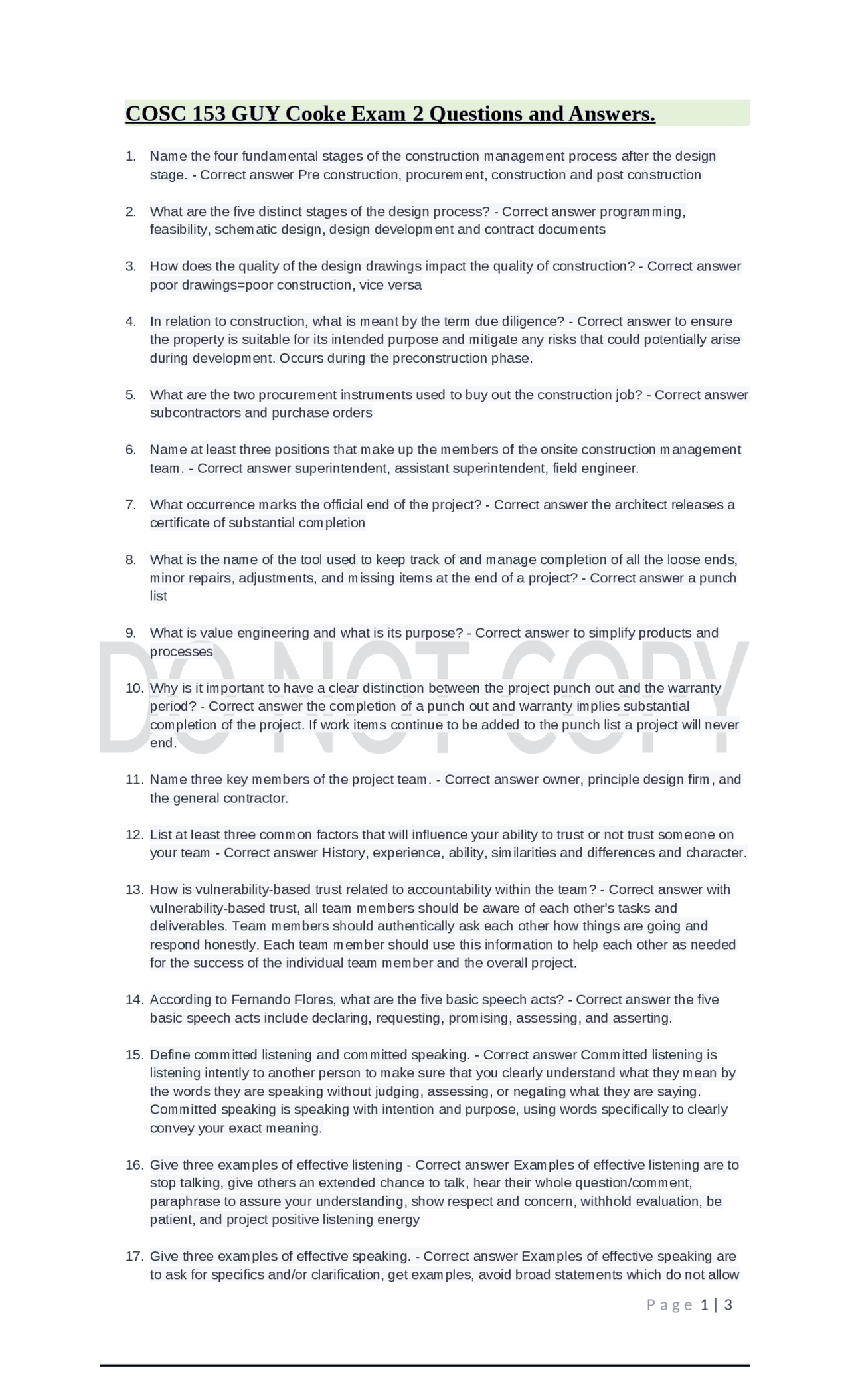 Fundamentals of Construction Management: Exam 2 Questions and Answers ...