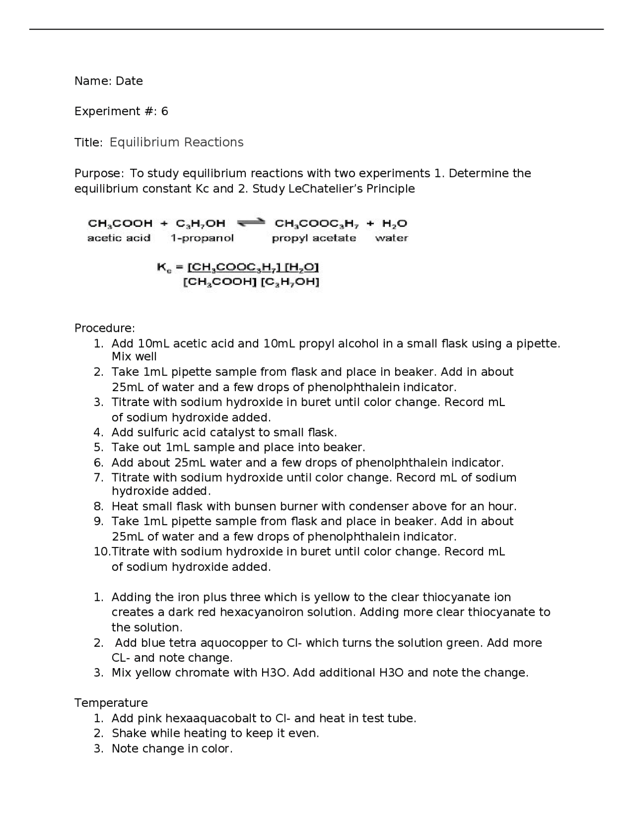 CHEM 121 Experiment 6: Equilibrium Reactions SPRING 2024 Portage ...