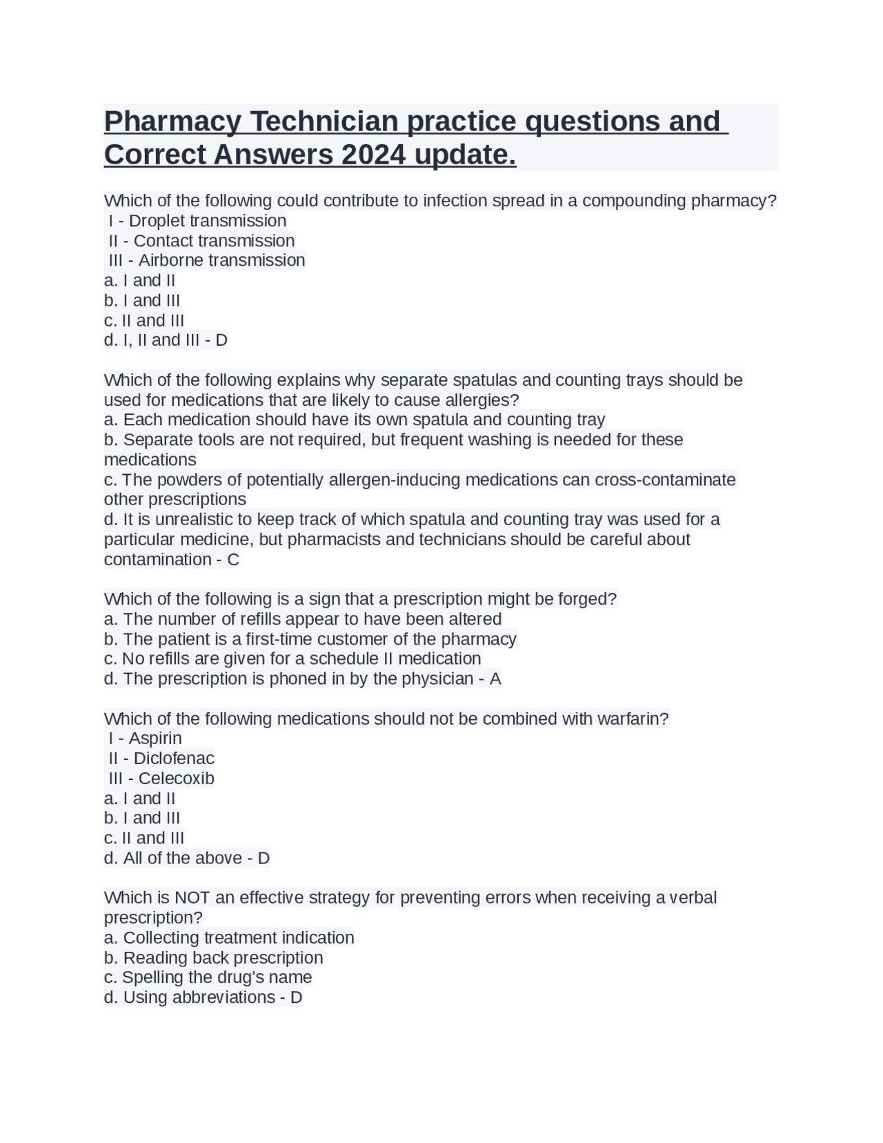 Pharmacy Technician practice questions and Correct Answers 2024 update ...
