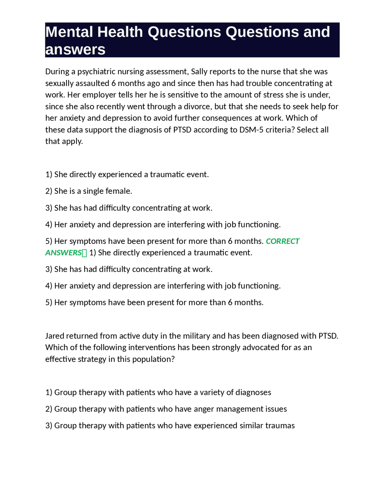Mental Health Questions Questions and answers | Exams Health psychology ...