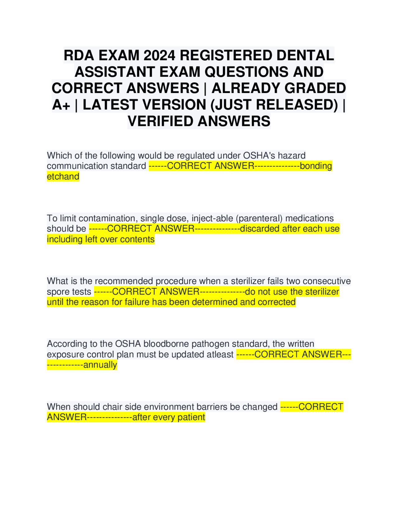 RDA EXAM 2024 REGISTERED DENTAL ASSISTANT EXAM QUESTIONS AND CORRECT ...