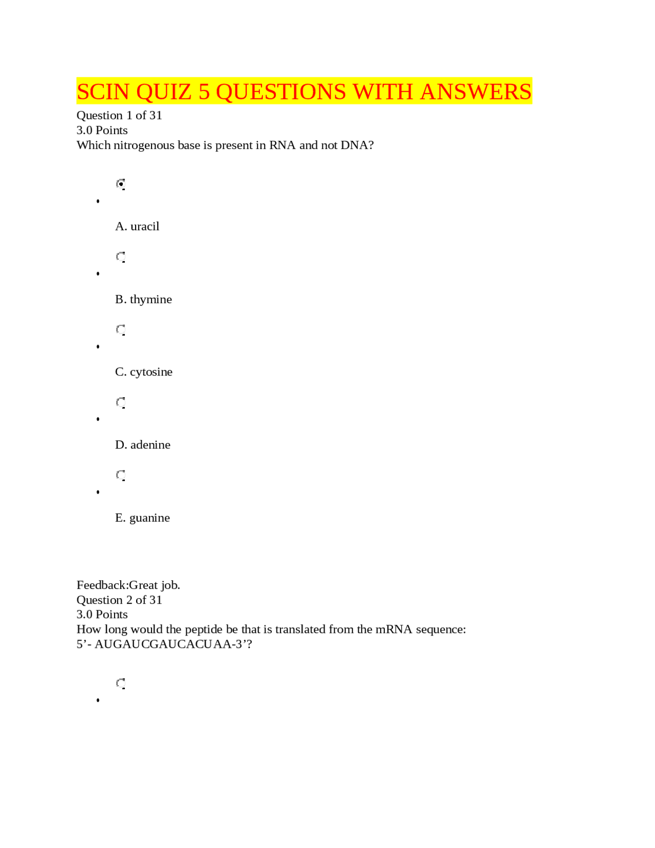 SCIN QUIZ 5 QUESTIONS WITH ANSWERS | Exams Medicine | Docsity