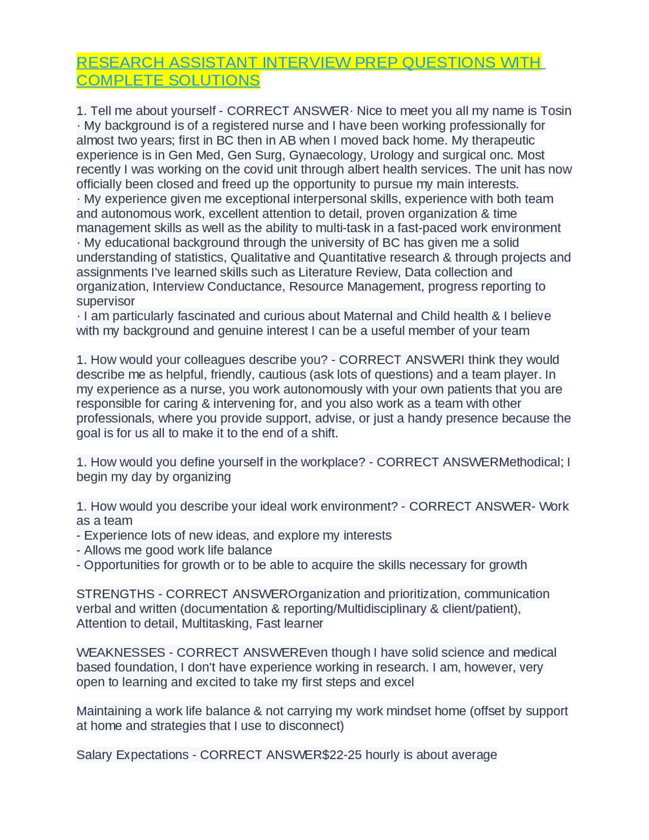 RESEARCH ASSISTANT INTERVIEW PREP QUESTIONS WITH COMPLETE SOLUTIONS | Exams Job Interviewing ...