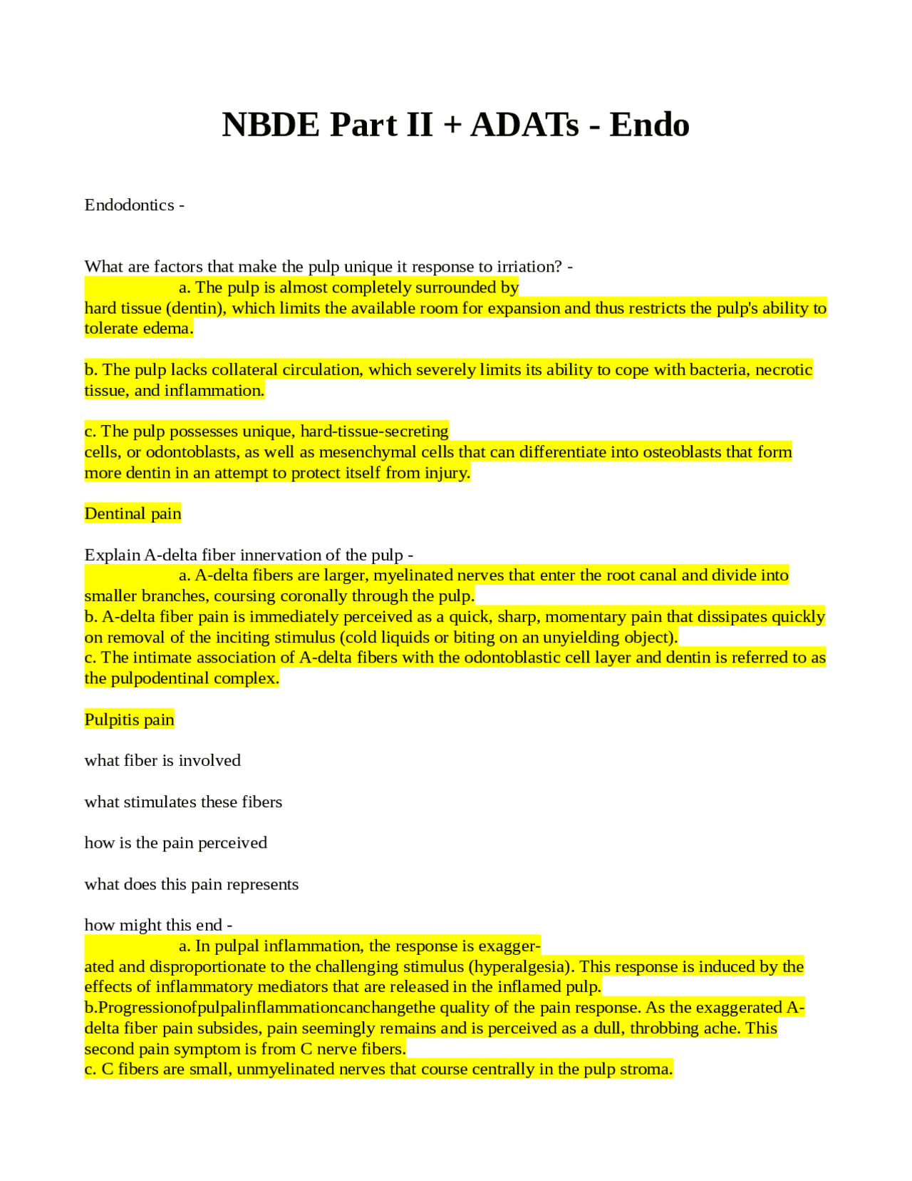 NBDE Part II + ADATs - Endo | Exams Medicine | Docsity