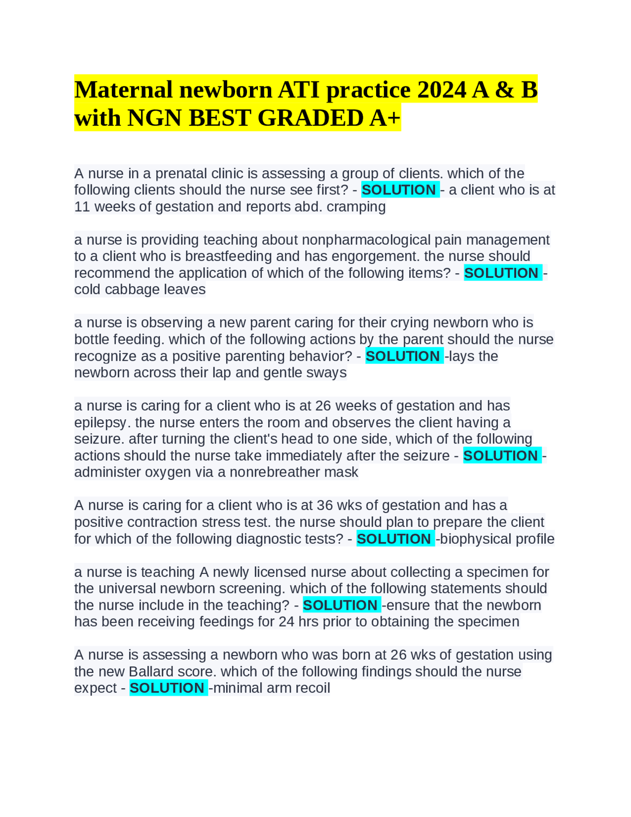 Maternal newborn ATI practice 2024 A & B with NGN BEST GRADED A+ ...