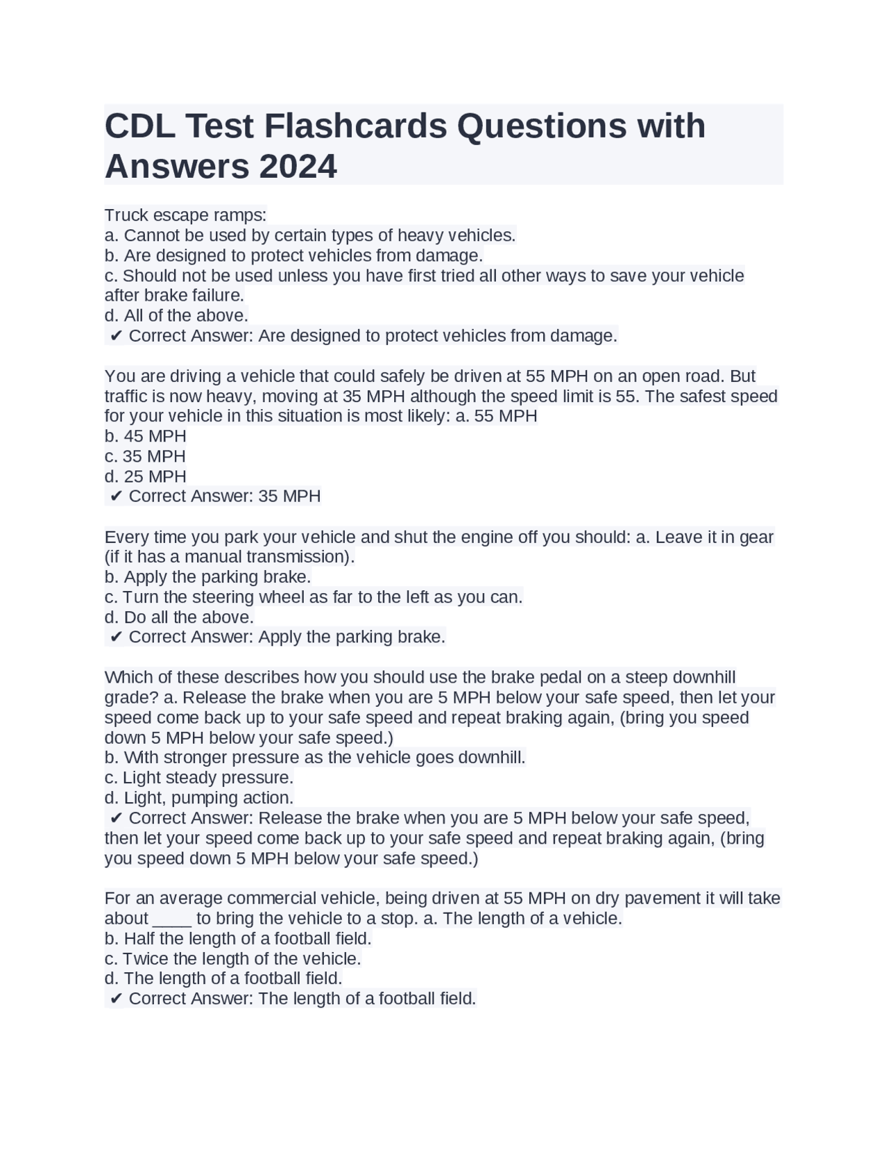 CDL Test Flashcards Questions with Answers 2024 | Exams Nursing | Docsity