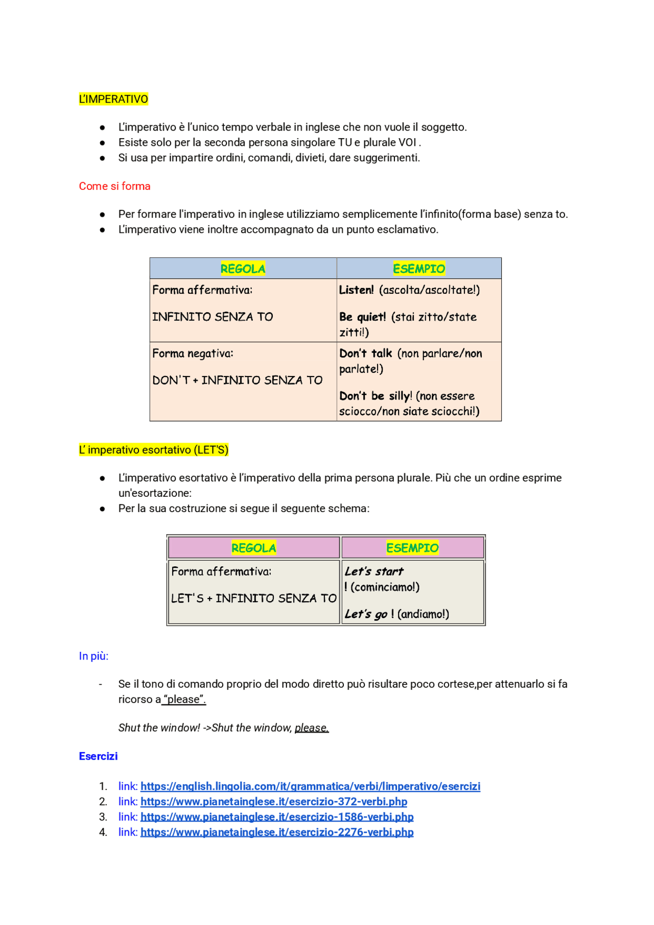 Imperativo grammatica inglese | Schemi e mappe concettuali di Inglese | Docsity
