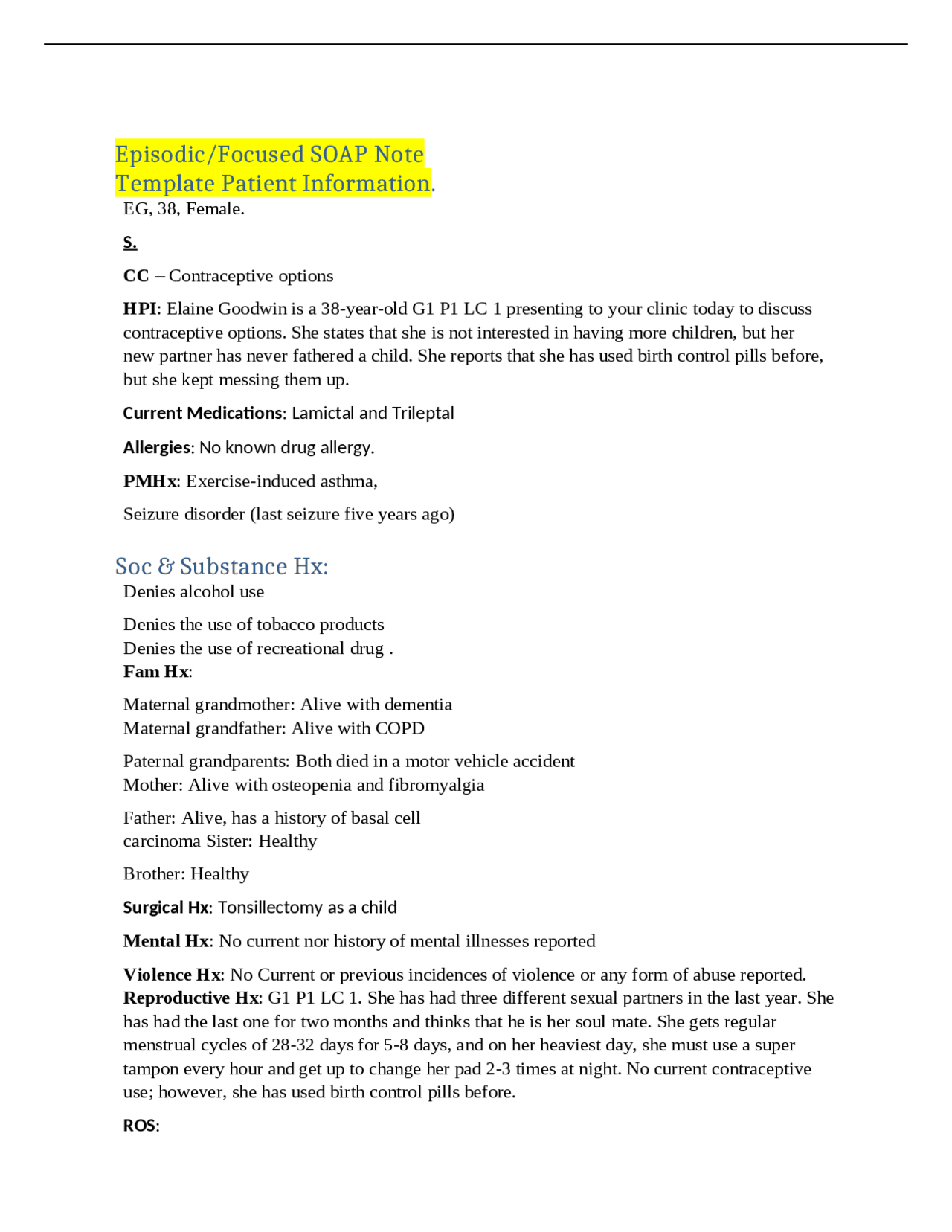 Episodic/Focused SOAP Note Template Patient Information | Exams Health ...
