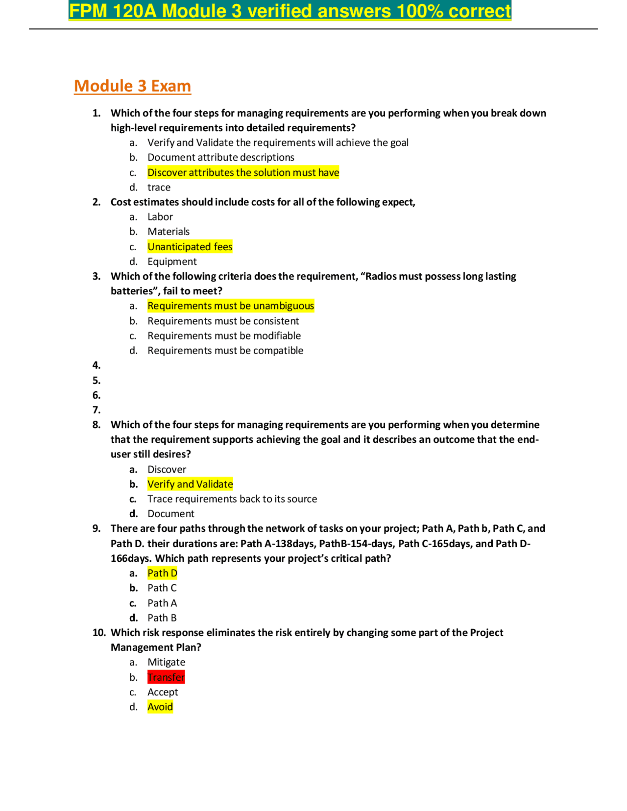 FPM 120A Module 3 verified answers 100% correct | Exams Military ...