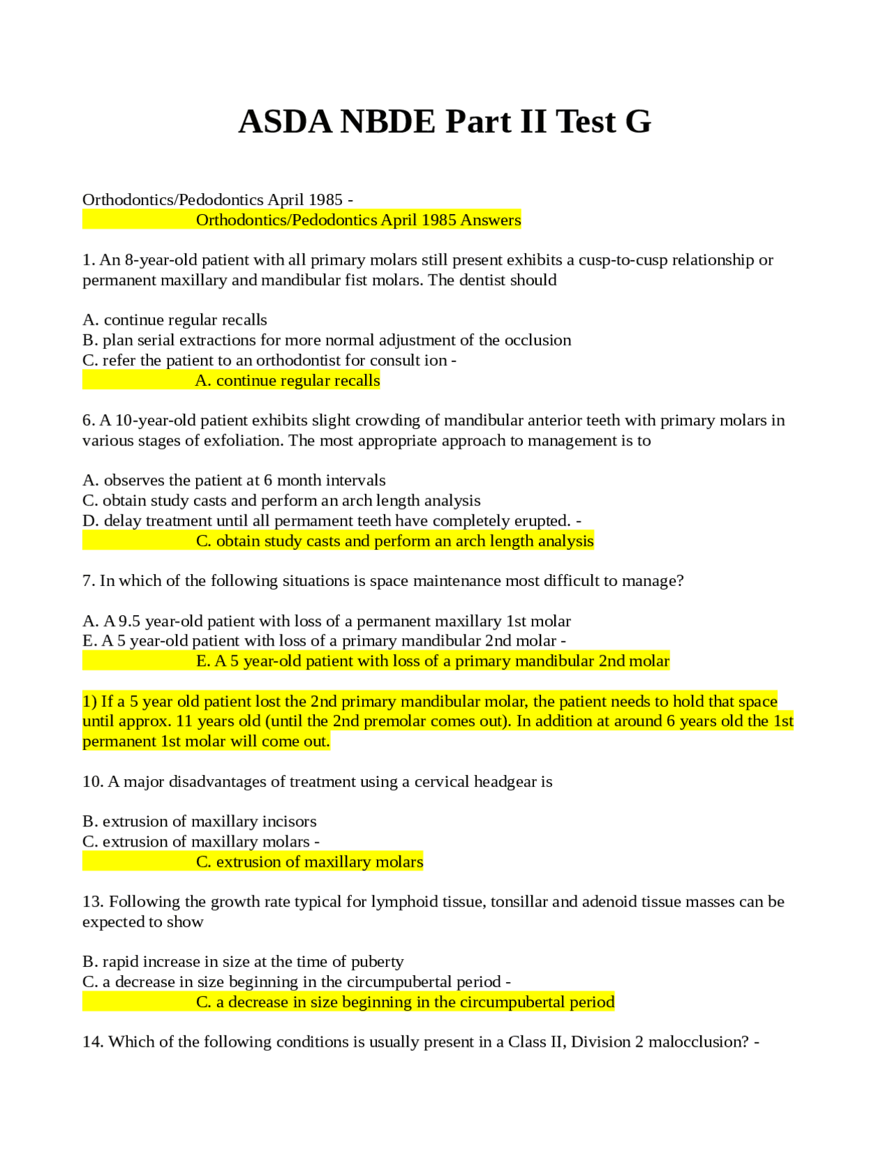 ASDA NBDE Part II Test G | Exams Medicine | Docsity