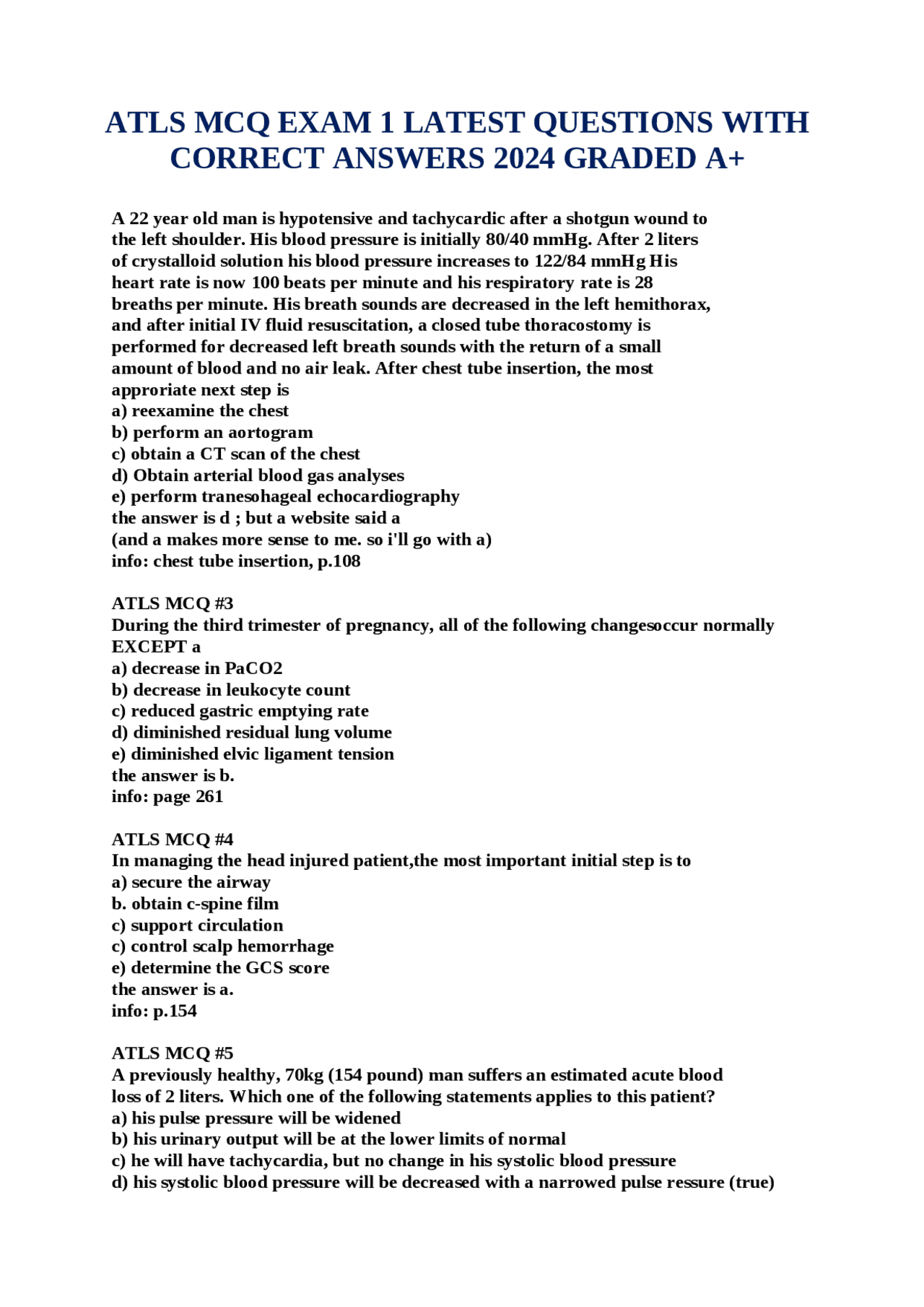 ATLS MCQ EXAM 1 LATEST QUESTIONS WITH CORRECT ANSWERS 2024 GRADED A+ ...