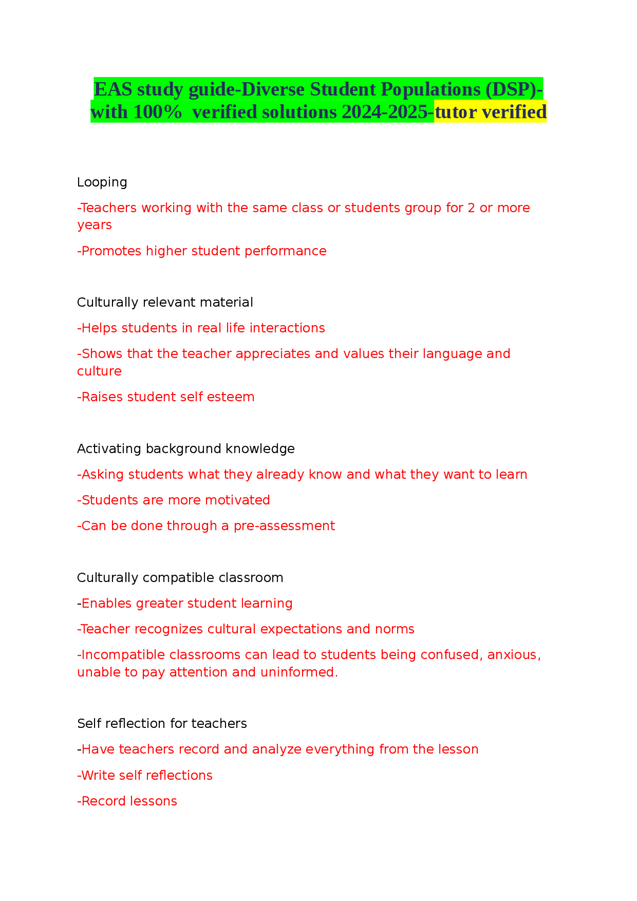 EAS study guide-Diverse Student Populations (DSP)-with 100% verified ...