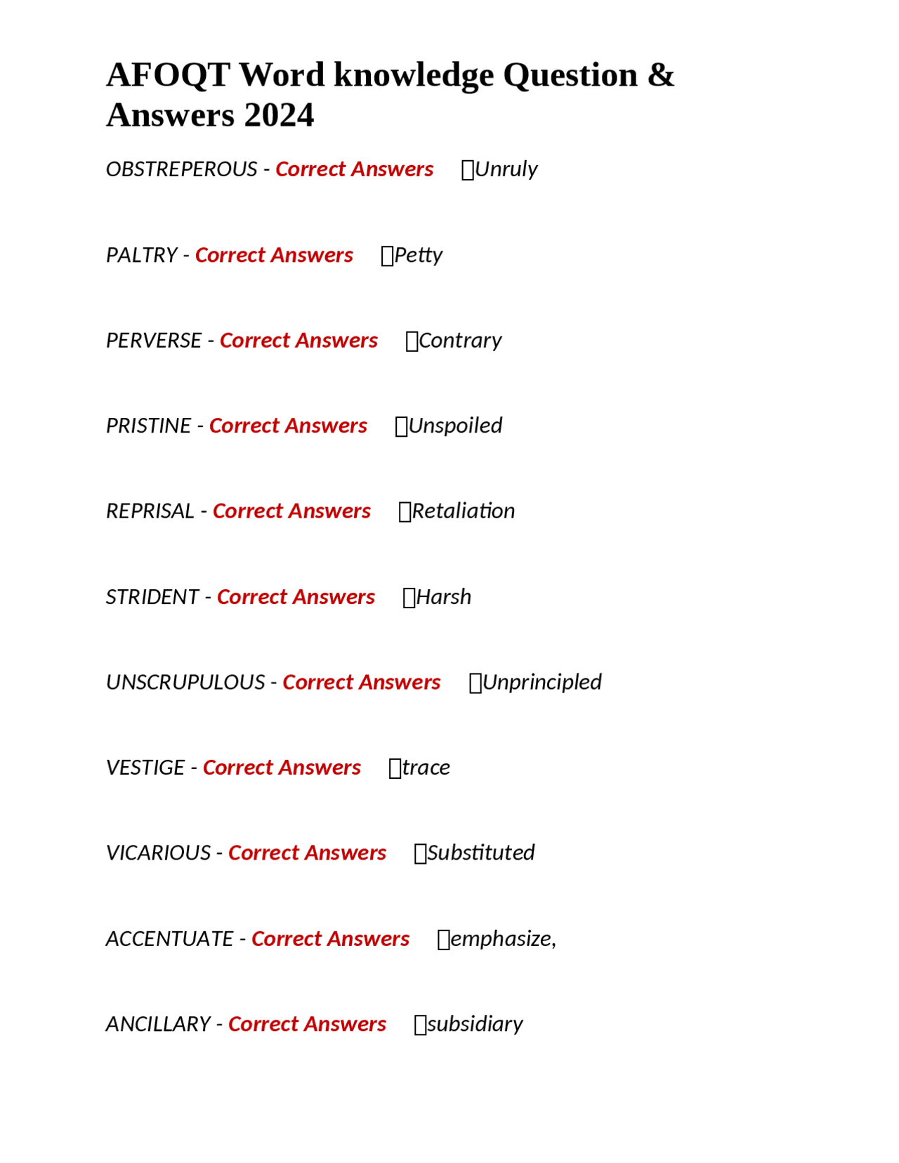 AFOQT Word knowledge Question & Answers 2024 | Exams Nursing | Docsity