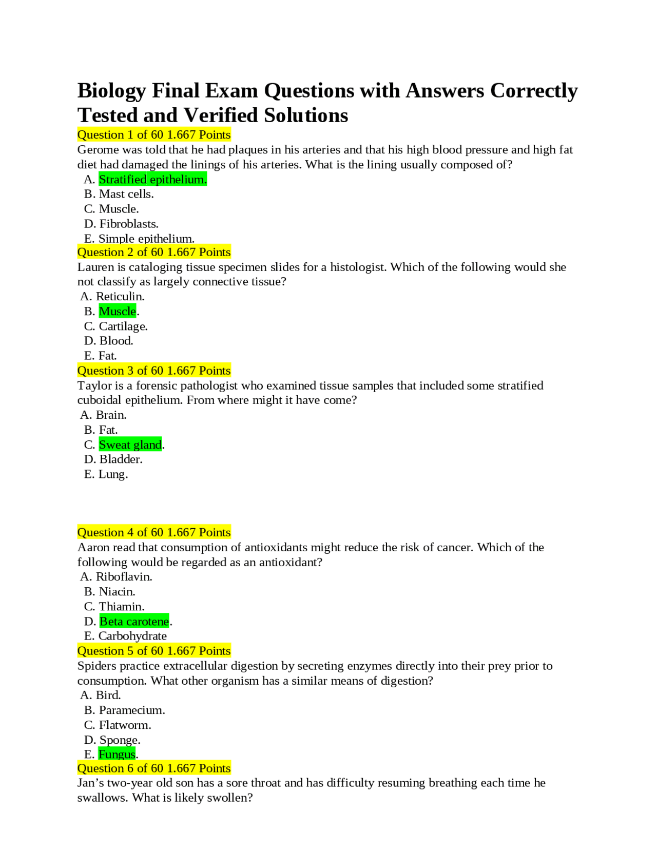 Biology Final Exam Questions with Answers Correctly Tested and Verified ...