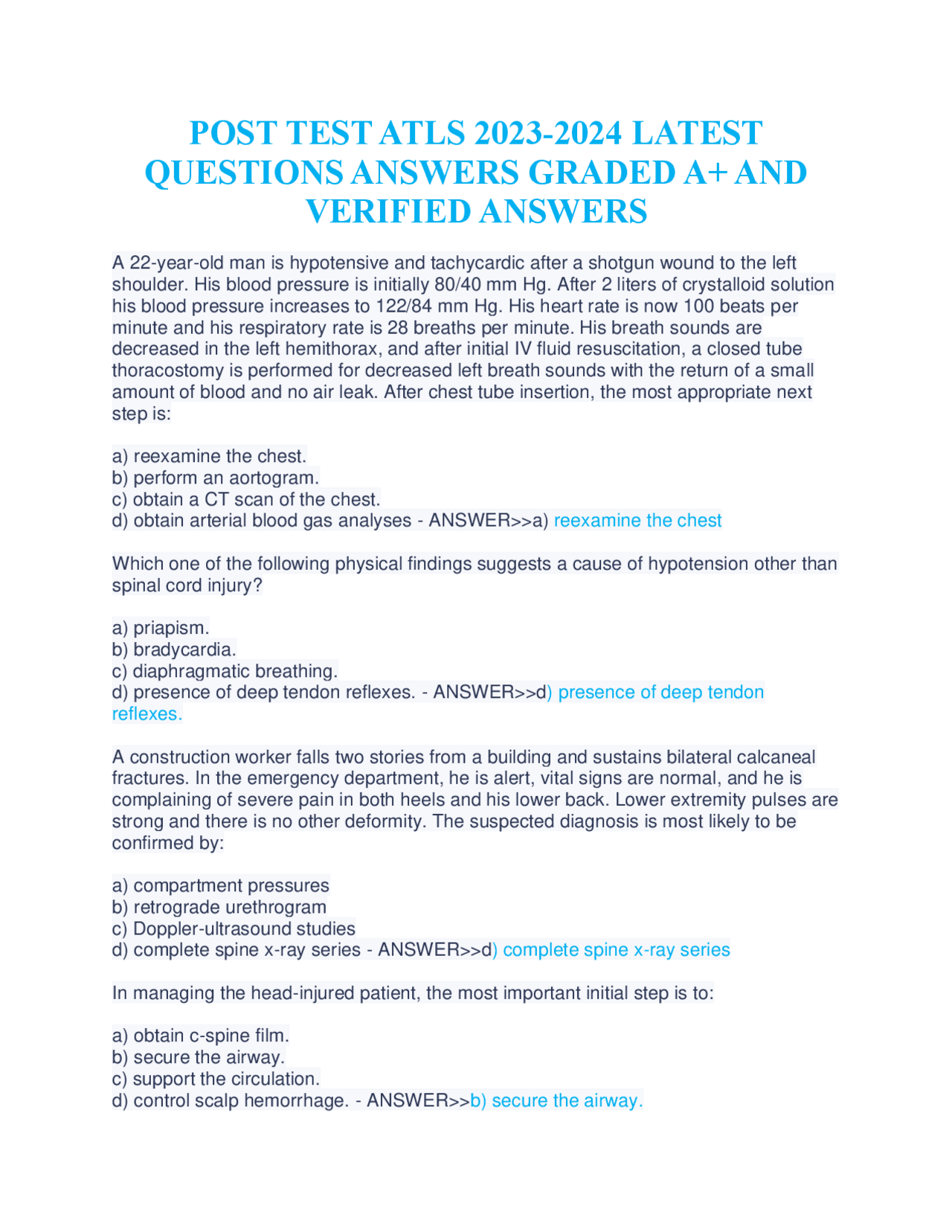 POST TEST ATLS 2023-2024 LATEST QUESTIONS ANSWERS GRADED A+ AND ...