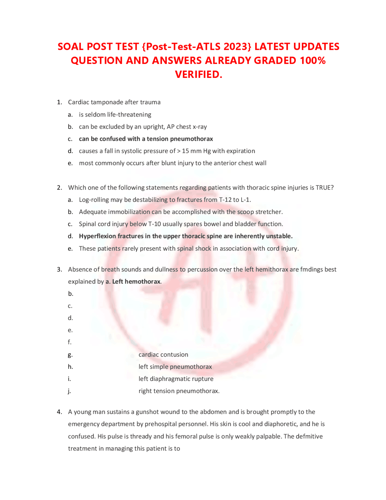 SOAL POST TEST {Post-Test-ATLS 2023} LATEST UPDATES QUESTION AND ...