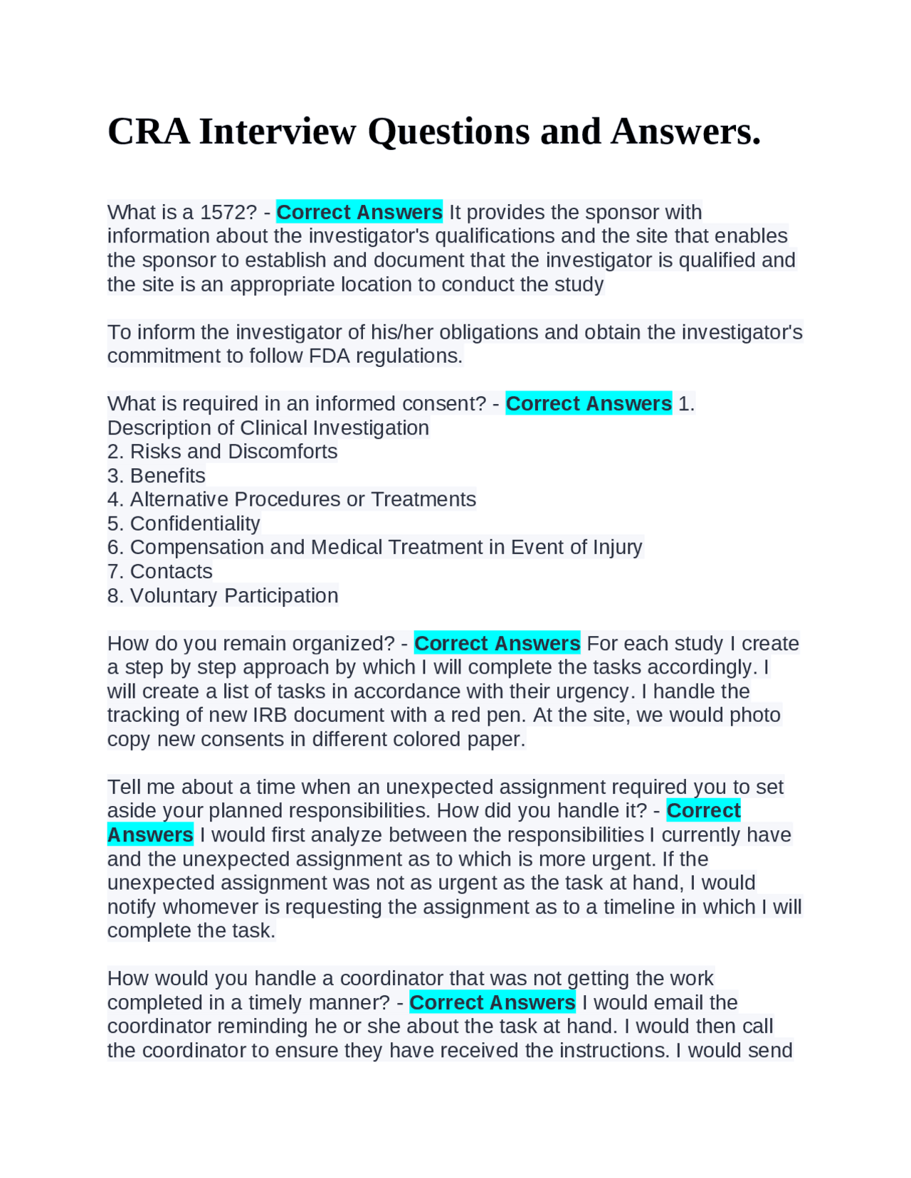 CRA Interview Questions and Answers. | Exams Job Interviewing Techniques and Skills | Docsity