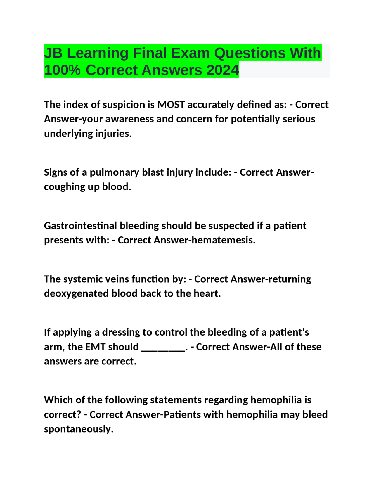 JB Learning Final Exam Questions With 100% Correct Answers 2024 | Exams Medicine | Docsity